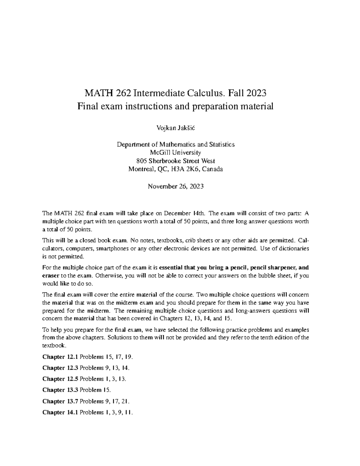 Final Exam - MATH 262 Intermediate Calculus. Fall 2023 Final exam ...