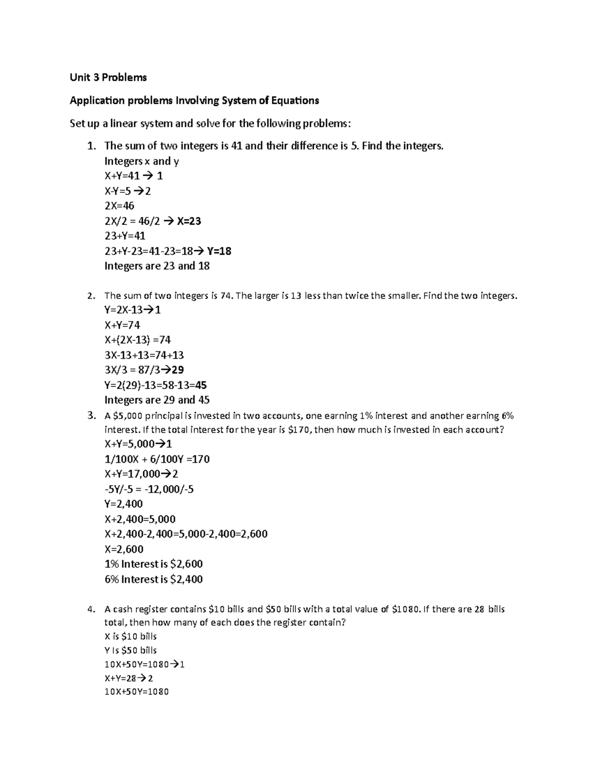 MAlgebra109 Unit3 - Unit 3 Problems Application problems Involving System of Equations Set up a ...