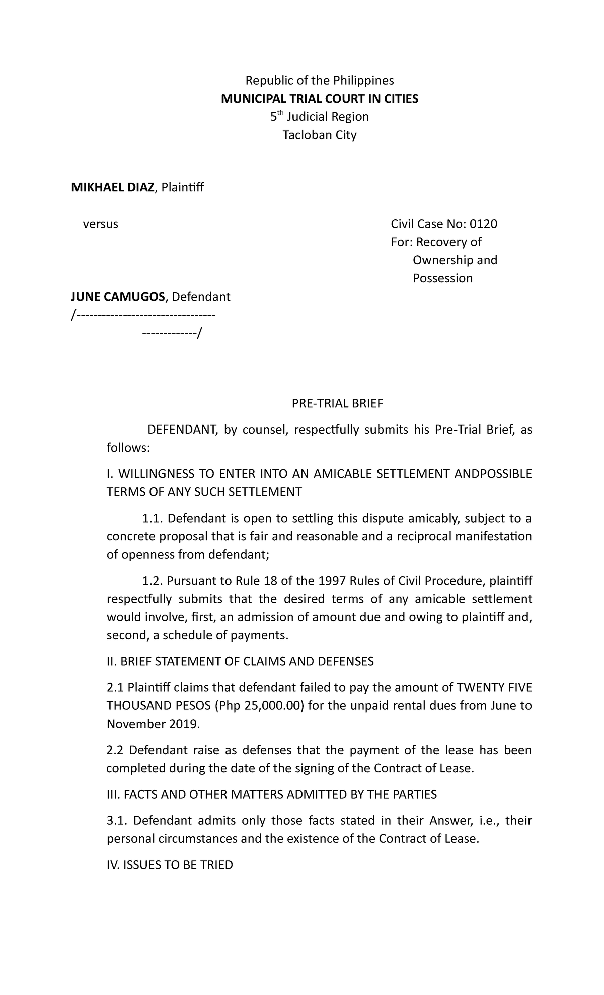 PRE Trial Brief Defendant - Republic of the Philippines MUNICIPAL TRIAL ...