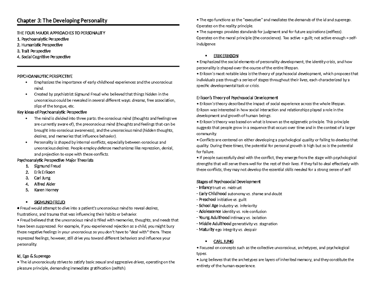 Per Dev 3 - Perd - Chapter 3: The Developing Personality THE FOUR MAJOR ...