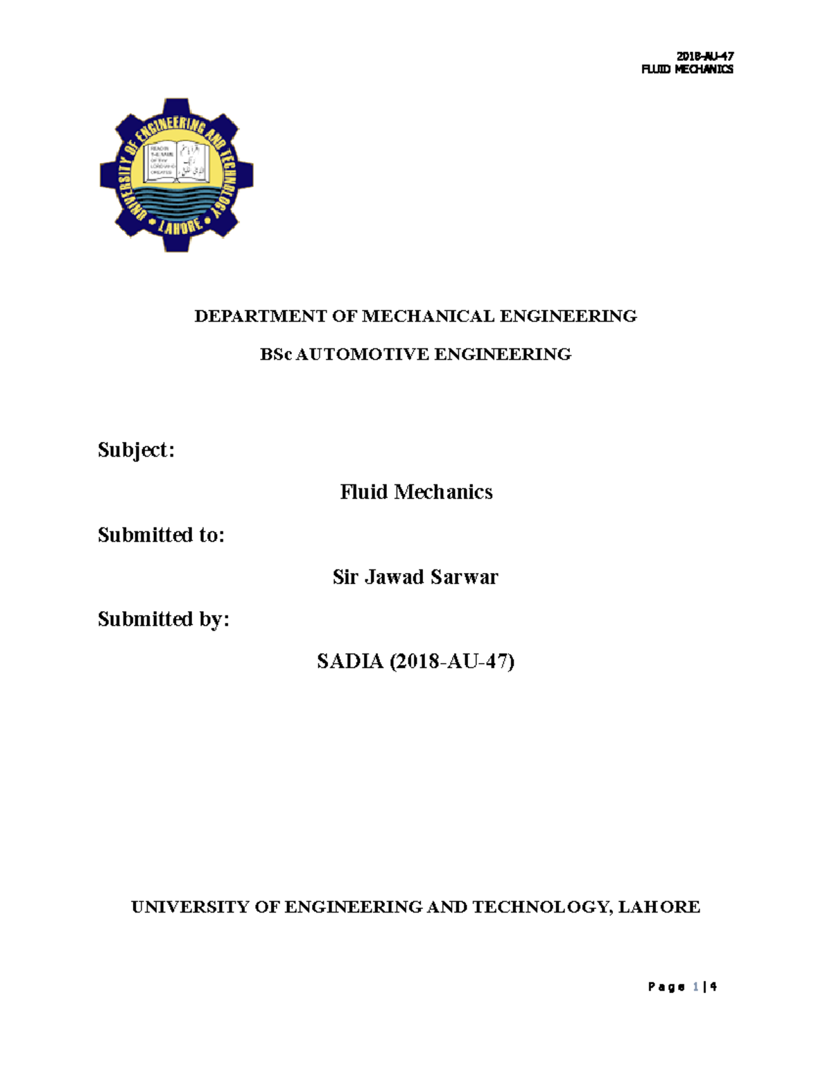 Assignment 1 - FLUID MECHANICS DEPARTMENT OF MECHANICAL ENGINEERING BSc ...