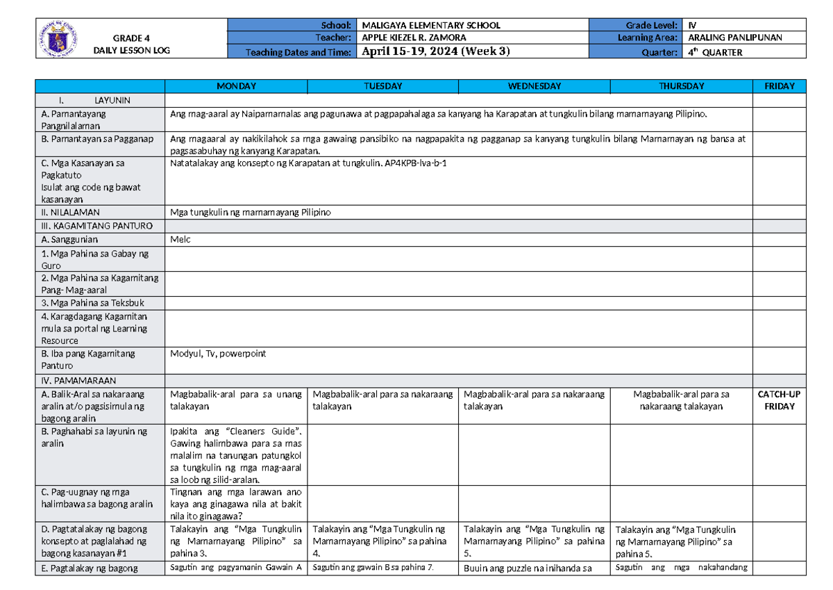 WEEK 3 - DLL-Araling Panlipunan 4 - GRADE 4 DAILY LESSON LOG School ...