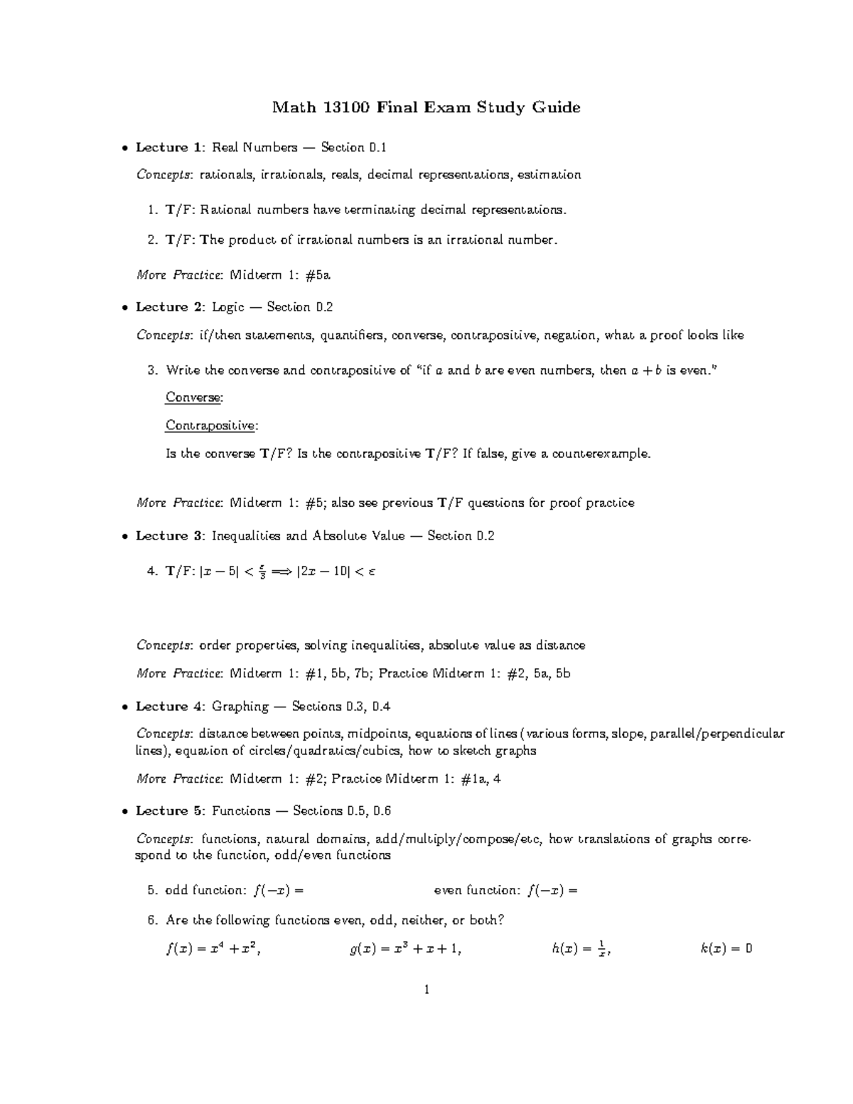 Math131Study Guide - Summary Elem Functions and Calculus I - Math 13100 ...