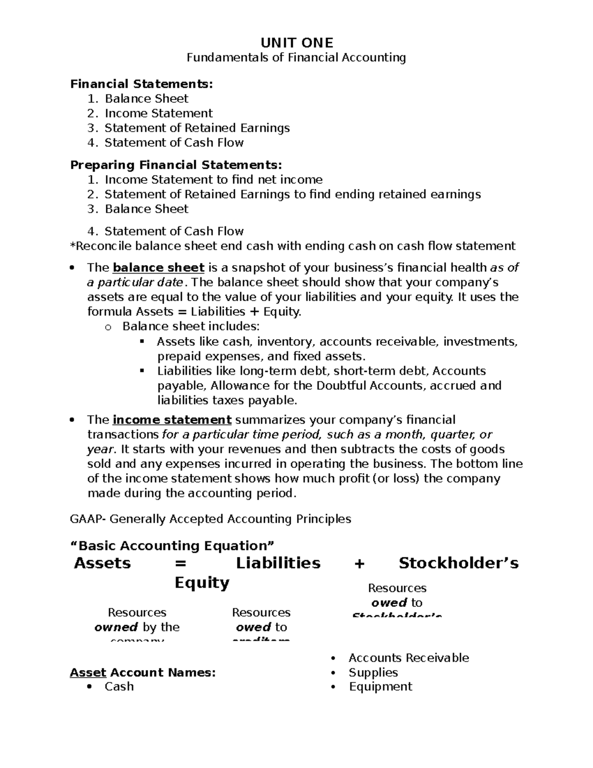 UNIT 1 Notes - UNIT ONE Fundamentals of Financial Accounting Financial ...