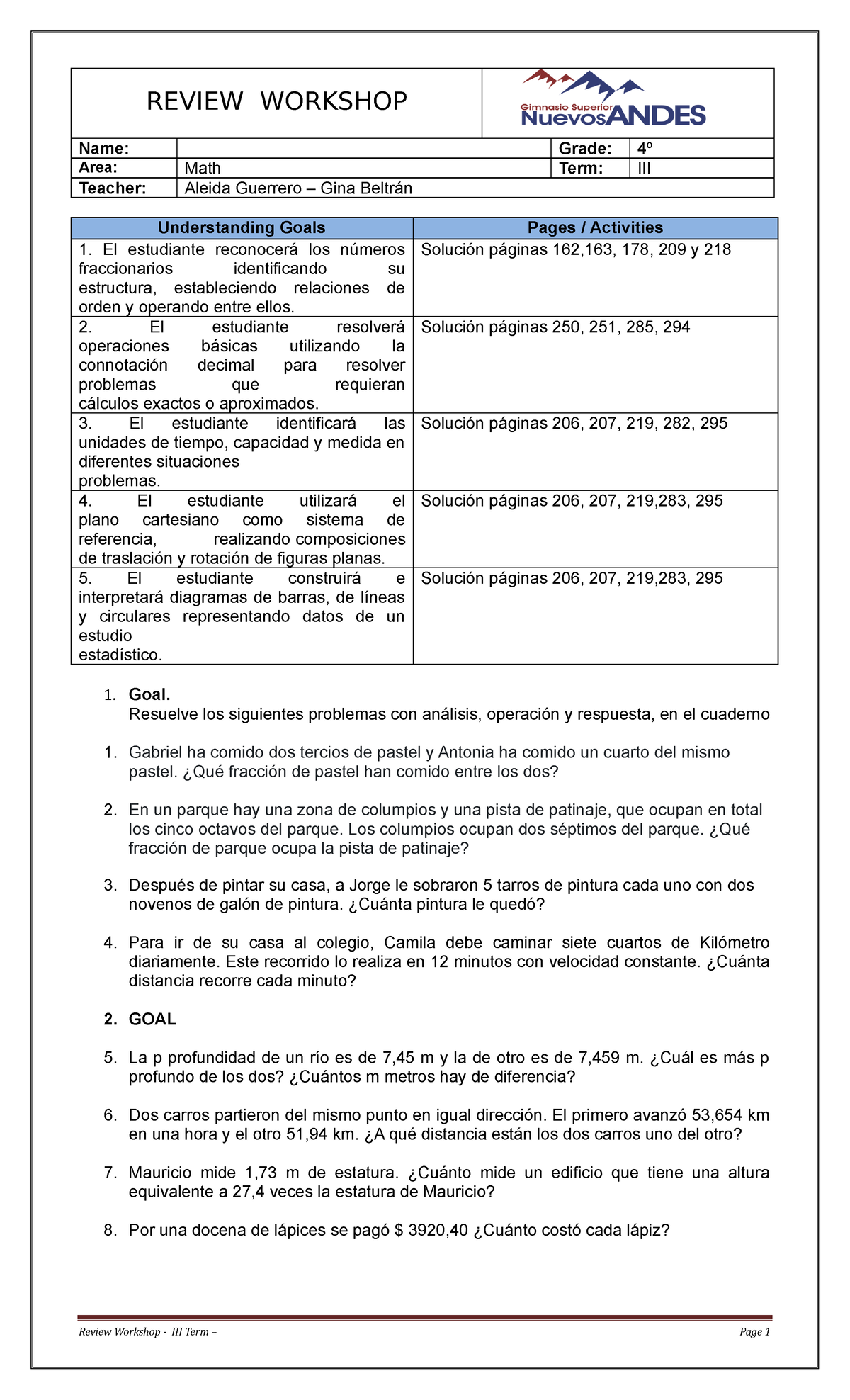 Review Workshop III 4º - METODOS DE OPERACIONES - REVIEW WORKSHOP Name ...