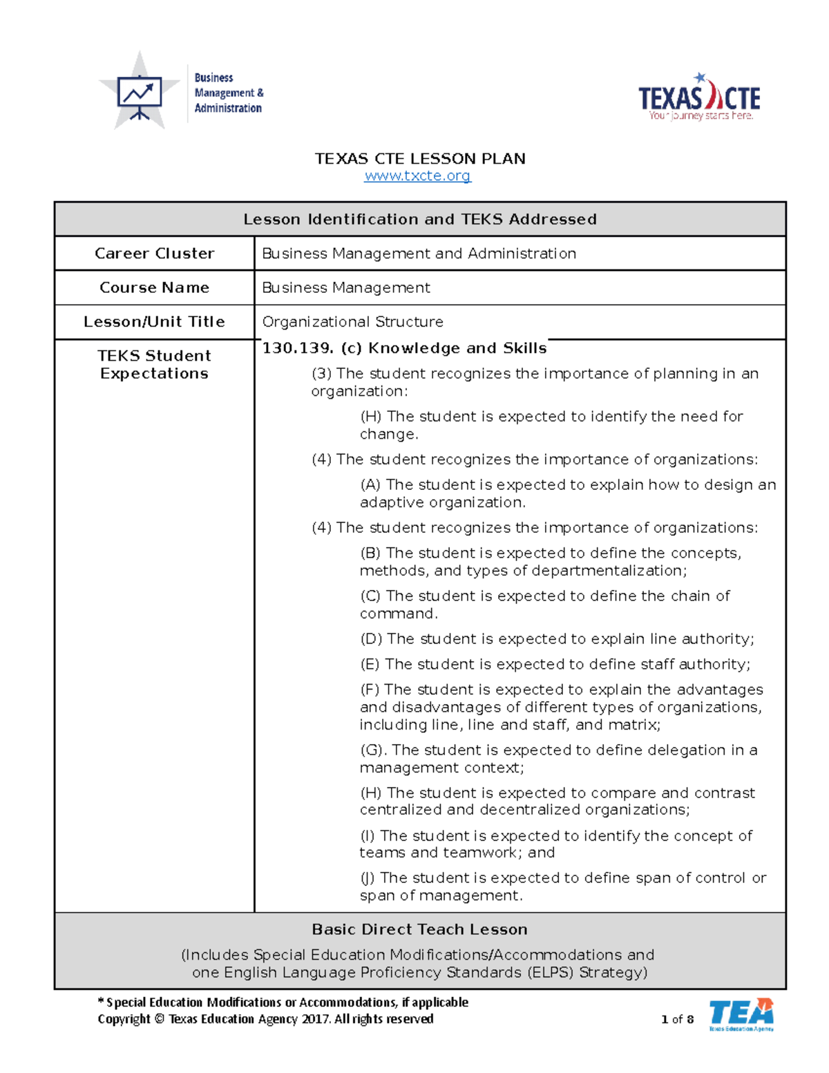 Lesson Plan Organizational Structure 0 - TEXAS CTE LESSON PLAN txcte ...