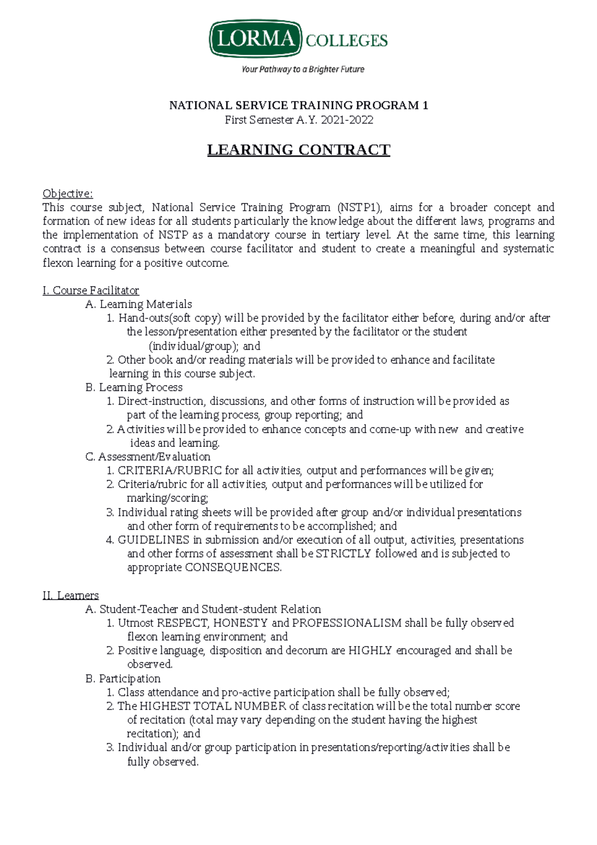 NSTP Learning Contract - NATIONAL SERVICE TRAINING PROGRAM 1 First ...
