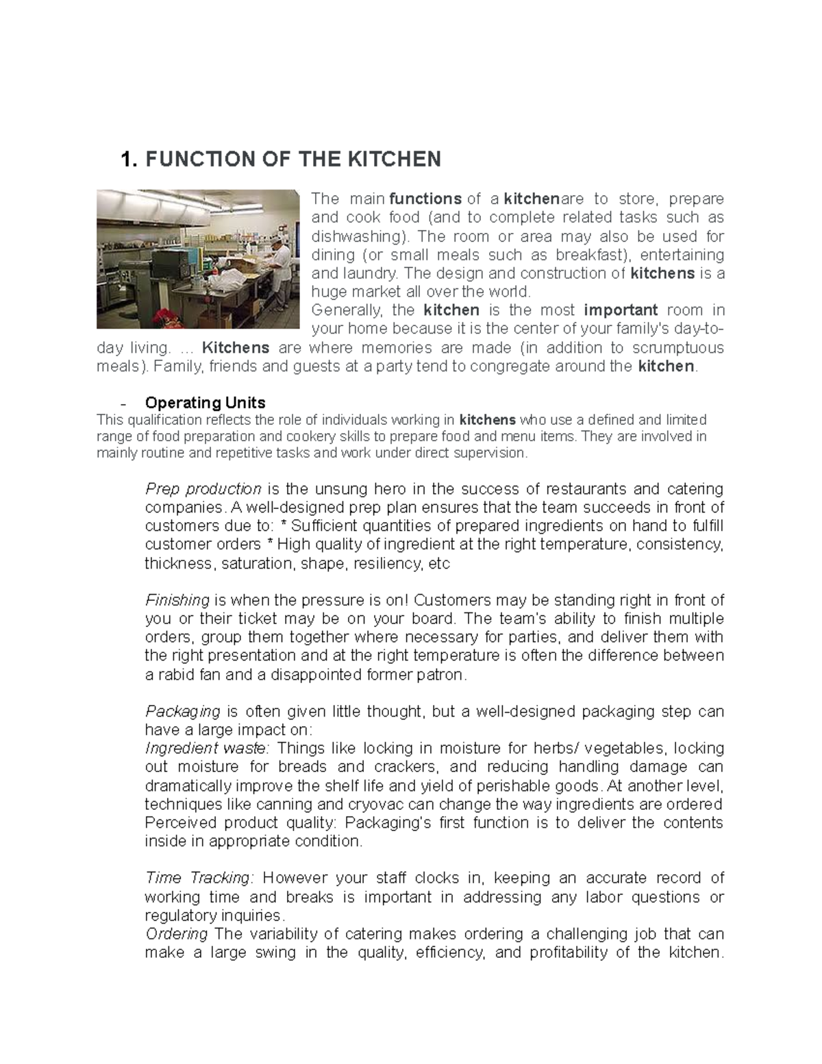 Foodpreneurship - LECTURE NOTE - 1. FUNCTION OF THE KITCHEN The main ...