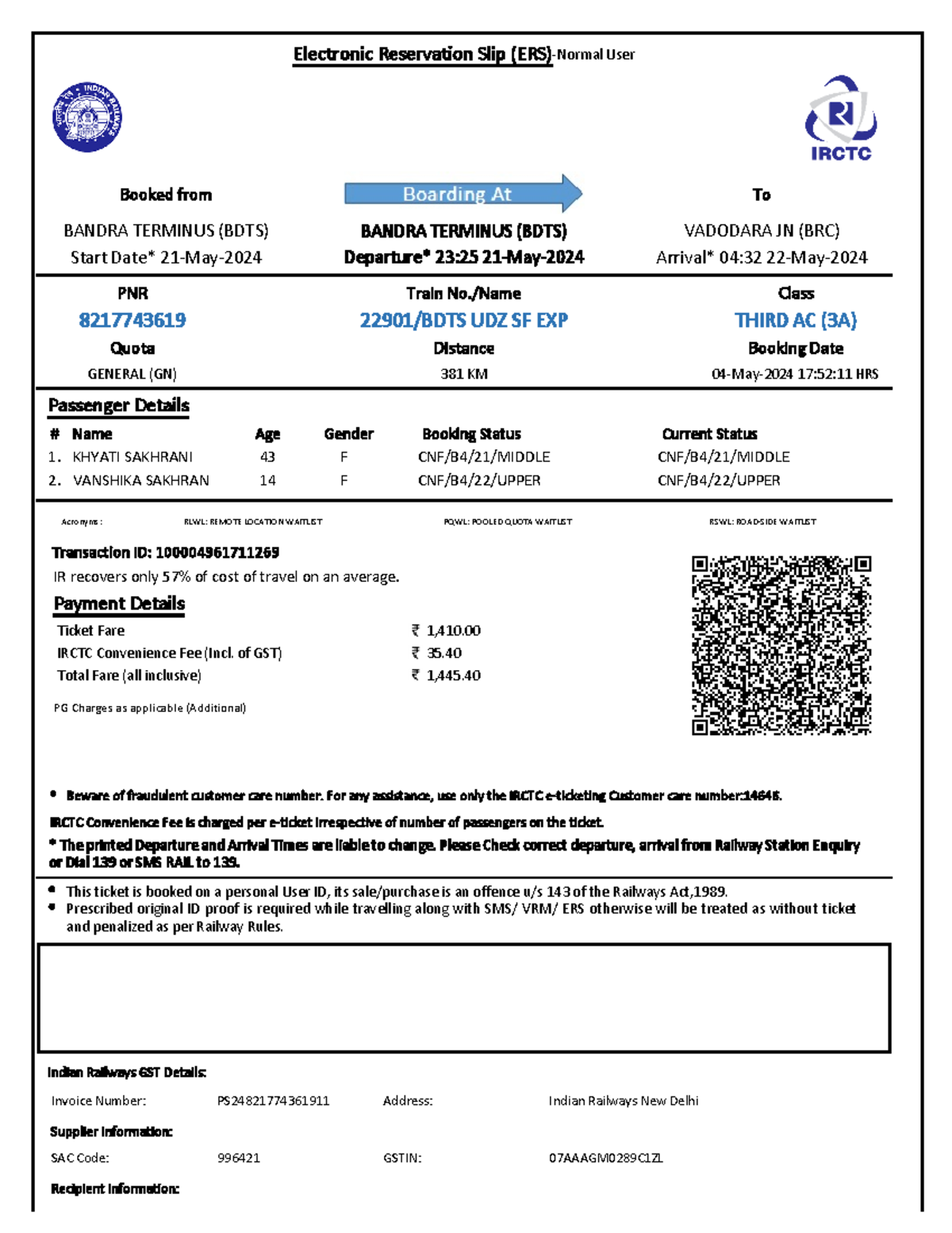 8217743619 - Des - Electronic Reservation Slip (ERS)-Normal User Booked ...