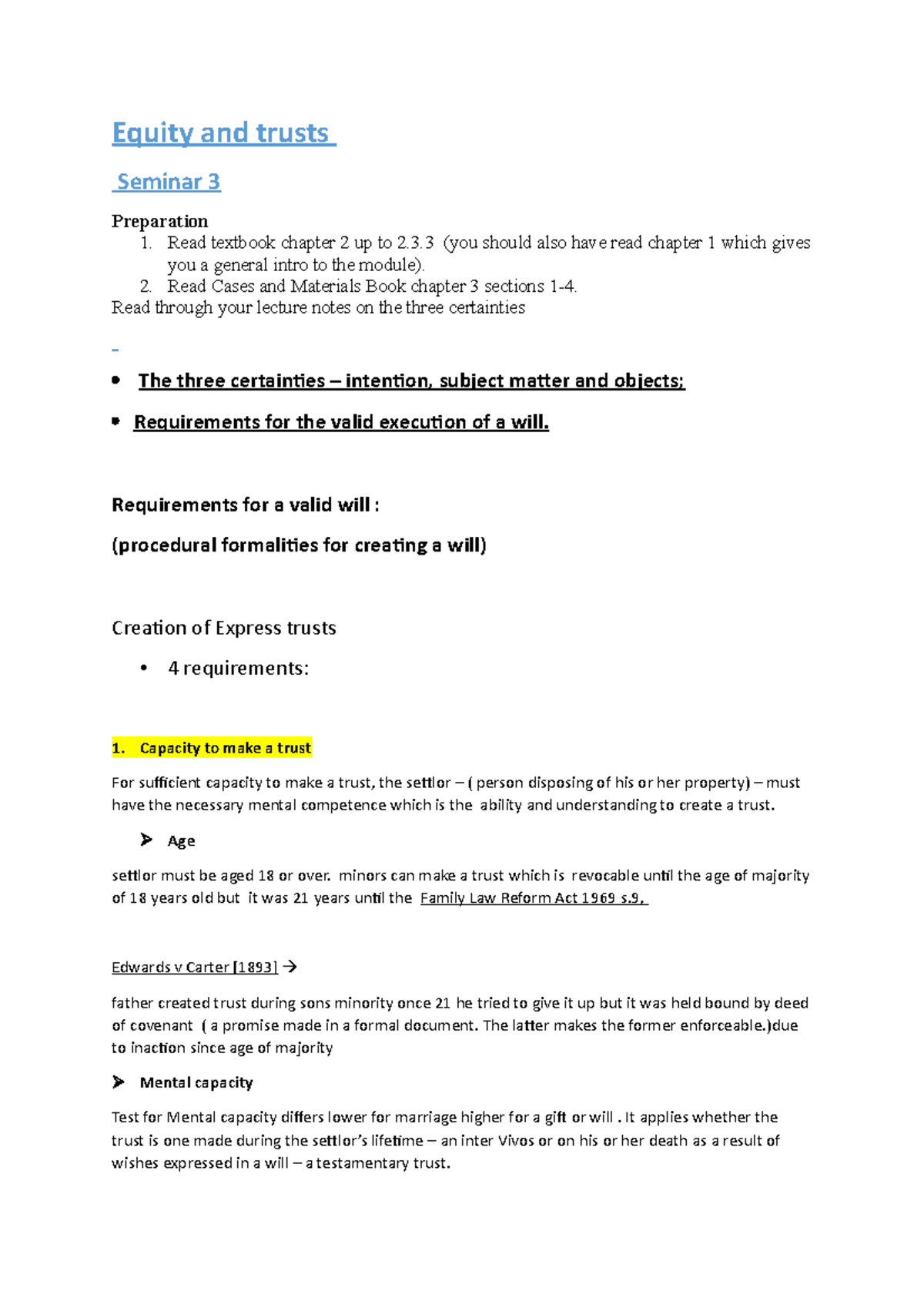 Equity and Trust Seminar 3 (Three certainties and Will) - Equity and ...