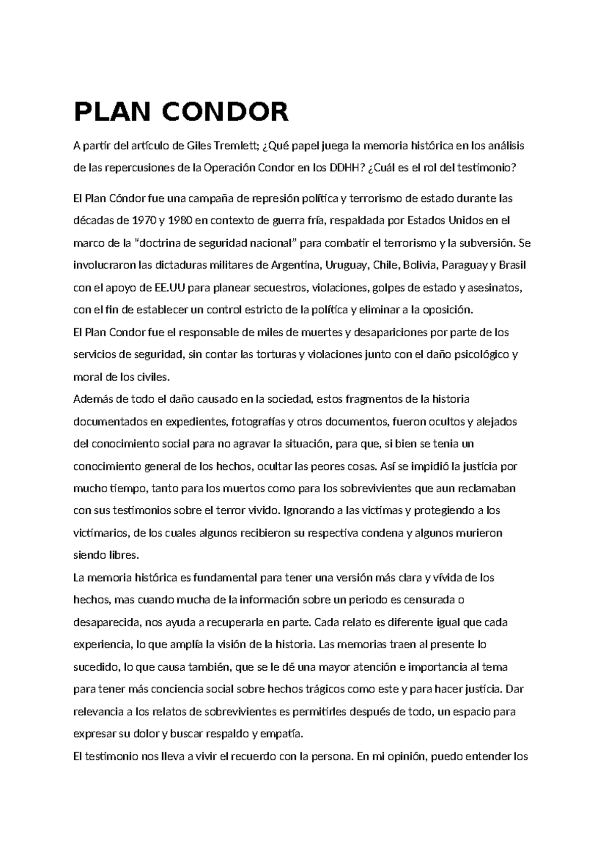 Plan Cóndor y memoria histórica - PLAN CONDOR A partir del artículo de ...