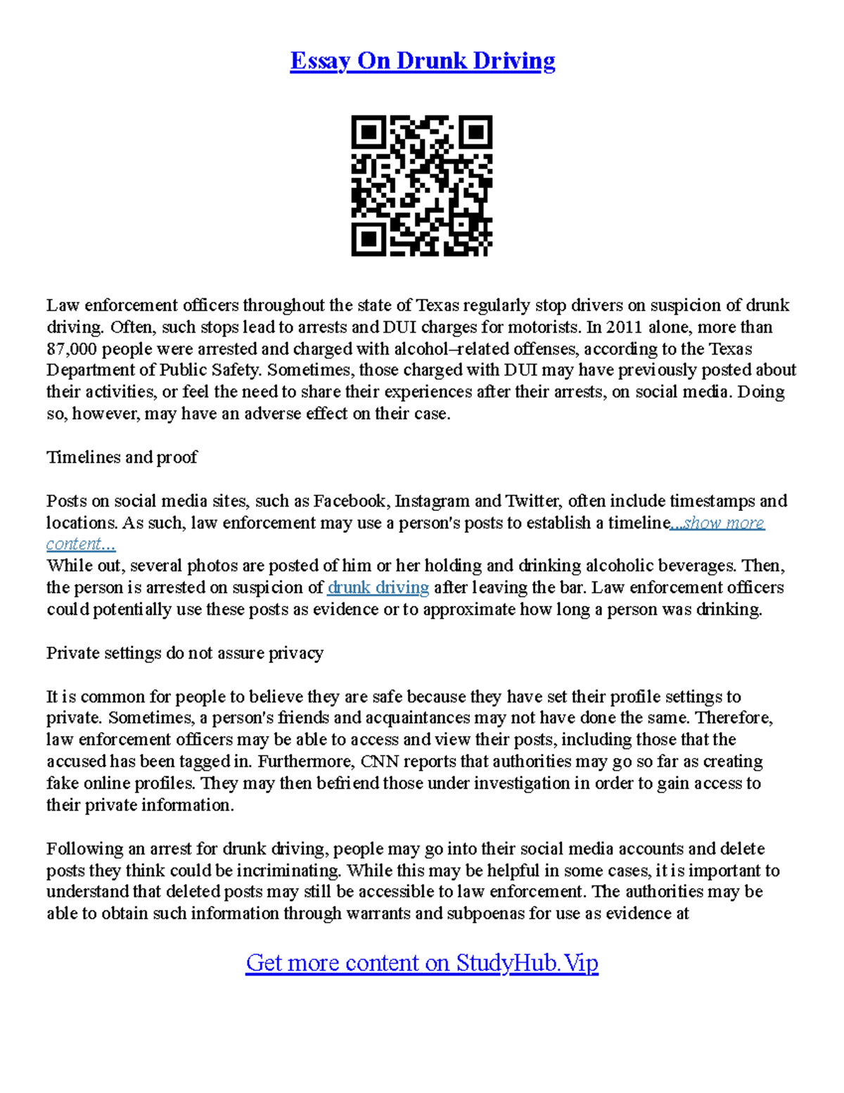 Drunk Driving Essays - Essay On Drunk Driving Law enforcement officers ...