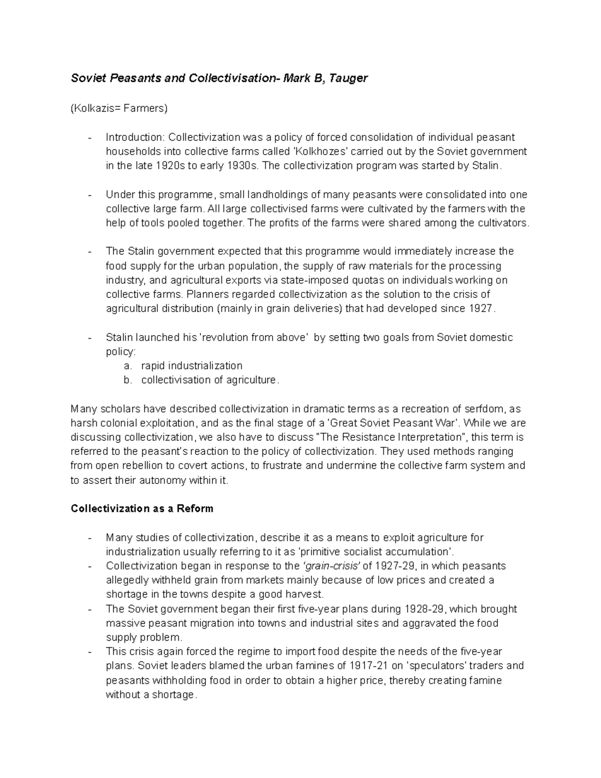 Unit II (USSR) Agriculture - Soviet Peasants and Collectivisation- Mark ...