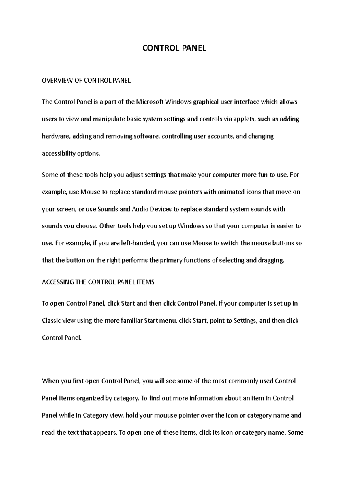 Control Panel - Some of these tools help you adjust settings that make ...