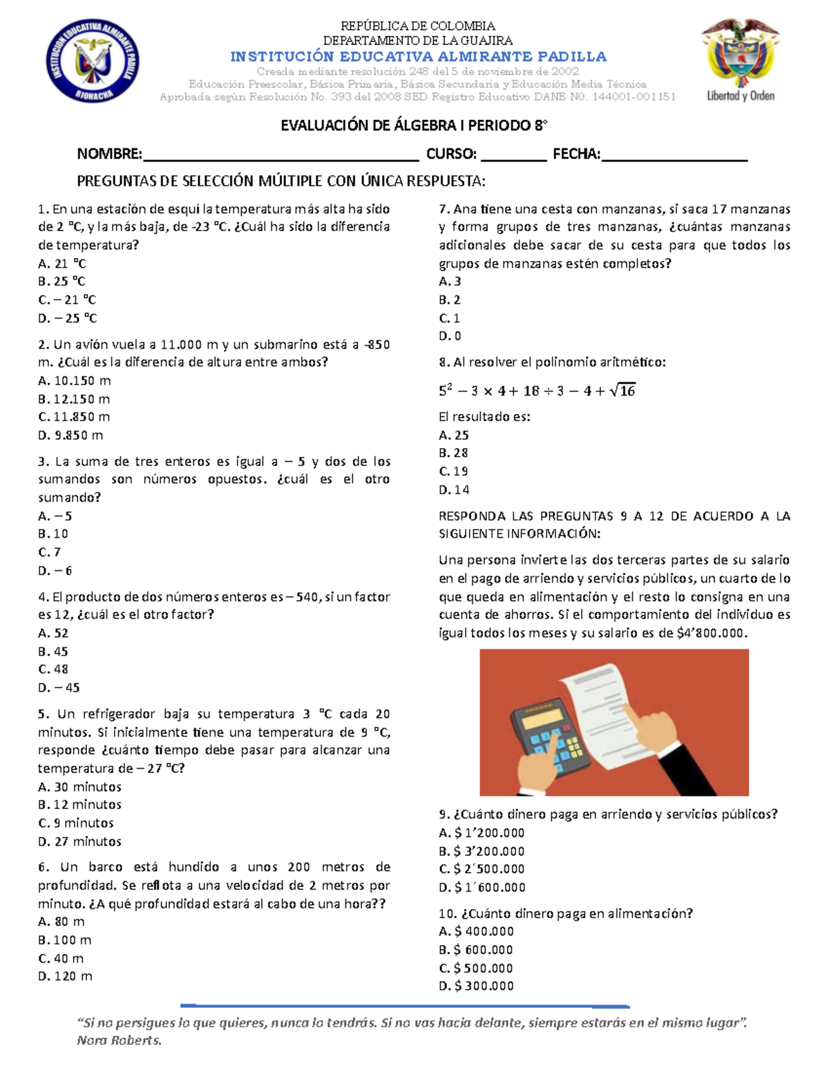 Álgebra 8 - Ejercicios de matemáticas - REPÚBLICA DE COLOMBIA ...