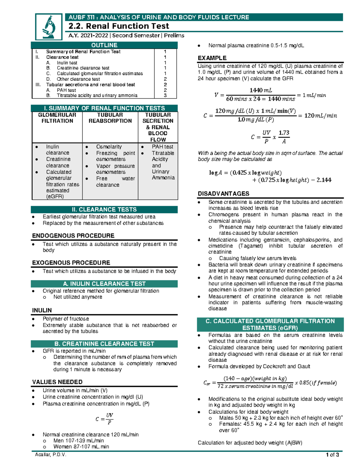 Renal Function Test - AUBF 311 : ANALYSIS OF URINE AND BODY FLUIDS ...