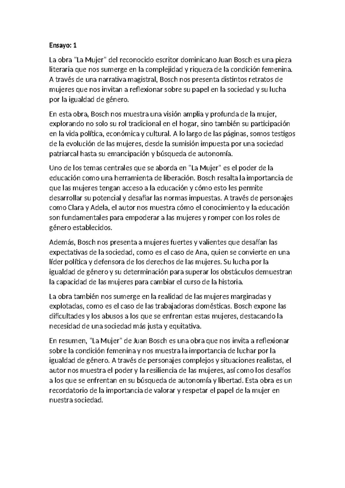 Ensayo - jvhv - Ensayo: 1 La obra "La Mujer" del reconocido escritor ...
