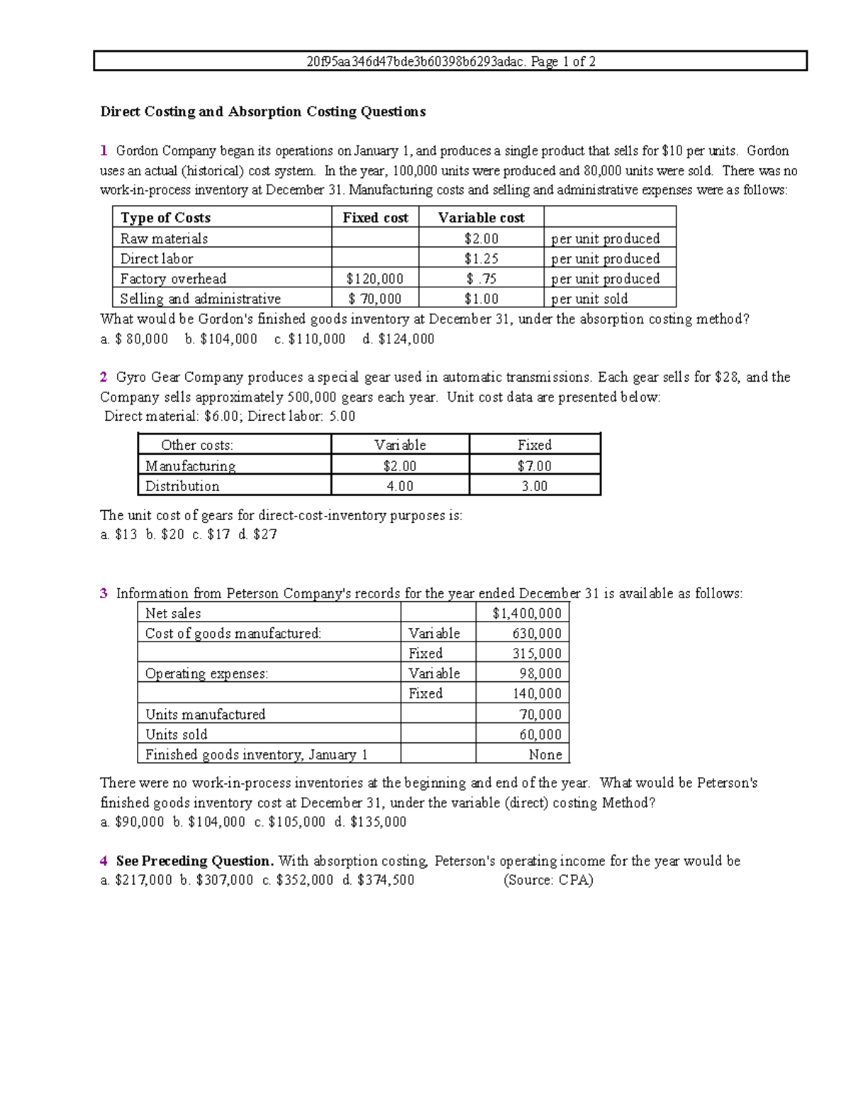 M11 Chp 06 5 Prb Direct Costing - 20f95aa346d47bde3b60398b6293adac. Page 1 of 2 Direct Costing ...