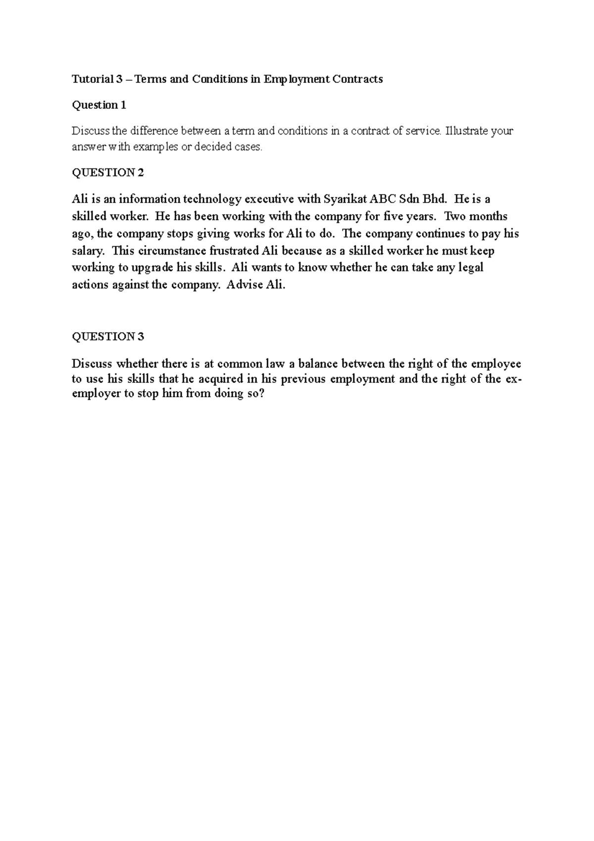 Tutorial 3 - No answer - Tutorial 3 – Terms and Conditions in ...