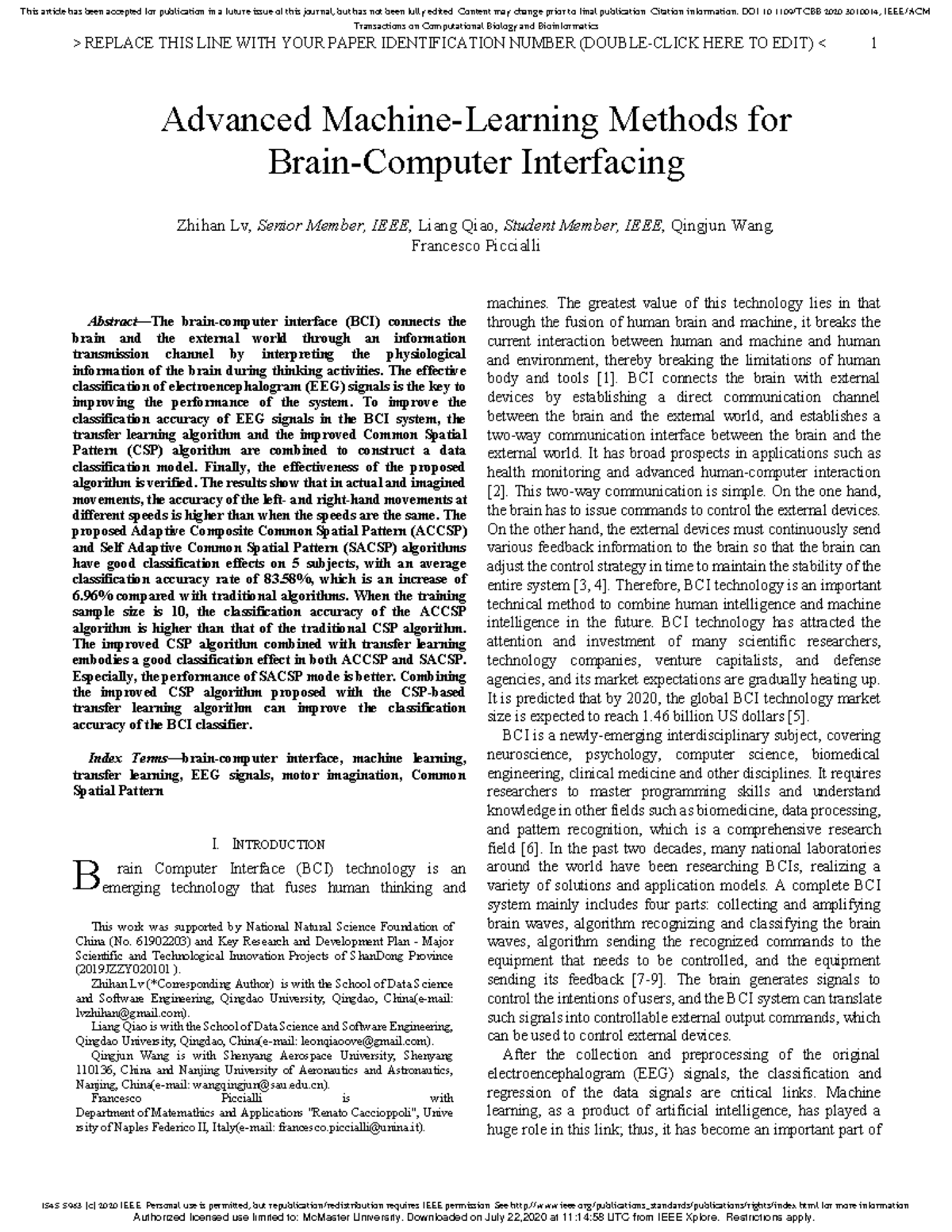 Advanced Machine-Learning Methods for Brain-Computer Interfacing 2020 - 1545-5963 (c) 2020 IEEE ...