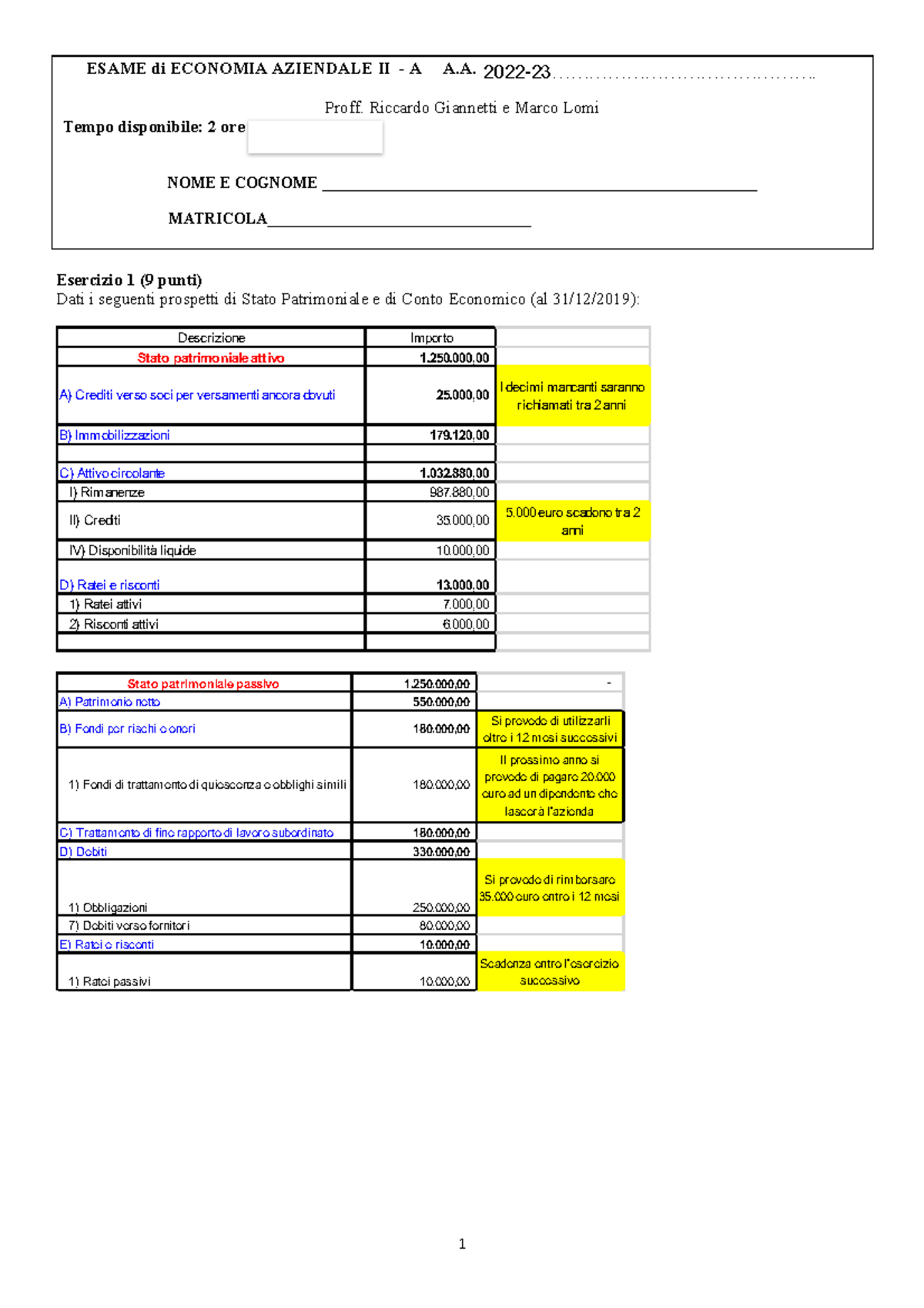 Fac simile 5 completamento - ESAME di ECONOMIA AZIENDALE II - A A. 2019 ...