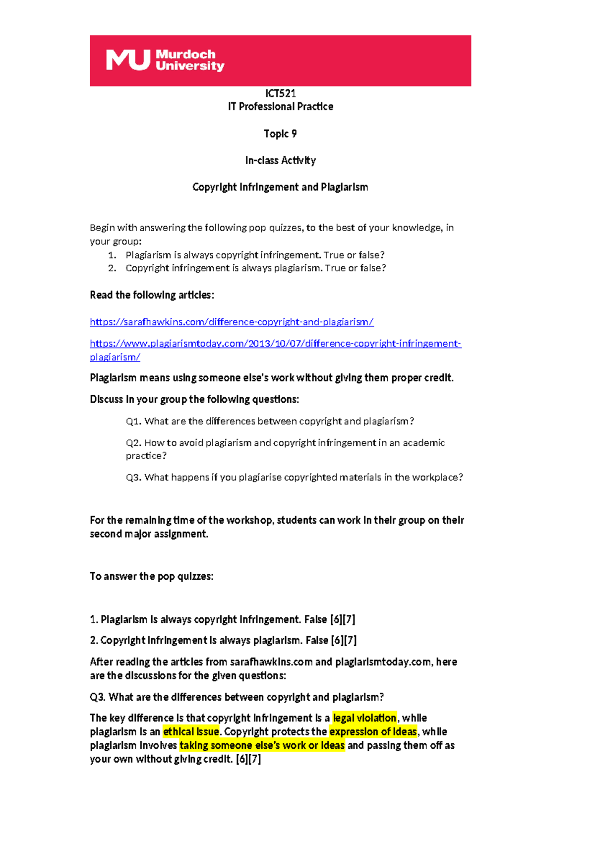 Topic 9 in-class activity - ICT IT Professional Practice Topic 9 In ...