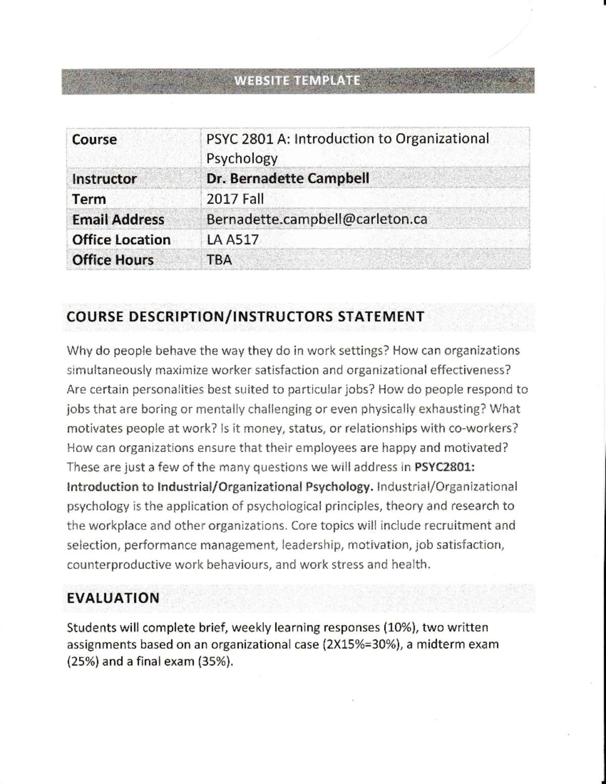 Organizational psychology course outline - psyc 2801 - Studocu