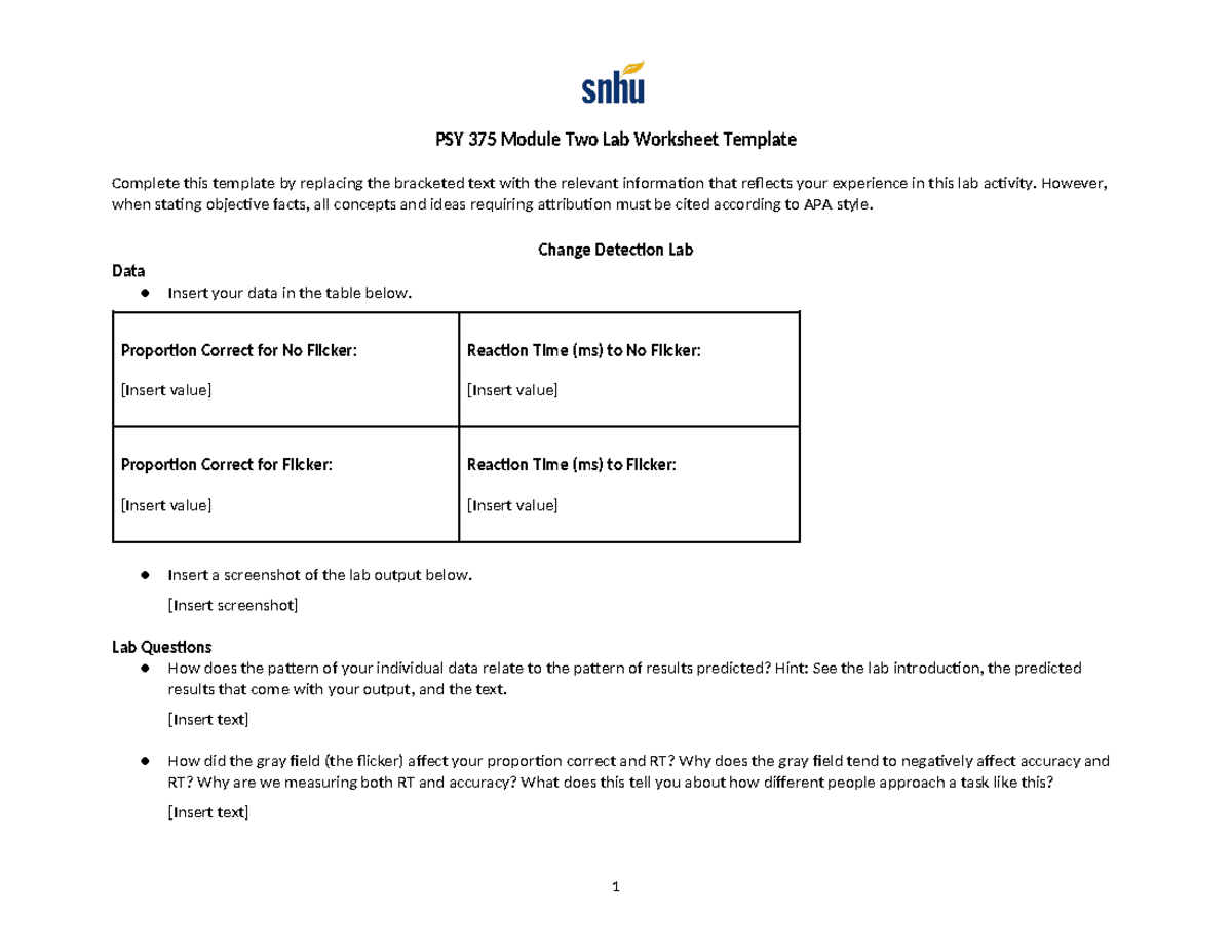 PSY 375 Module Two Lab Worksheet Template - PSY 375 Module Two Lab Worksheet Template Complete ...