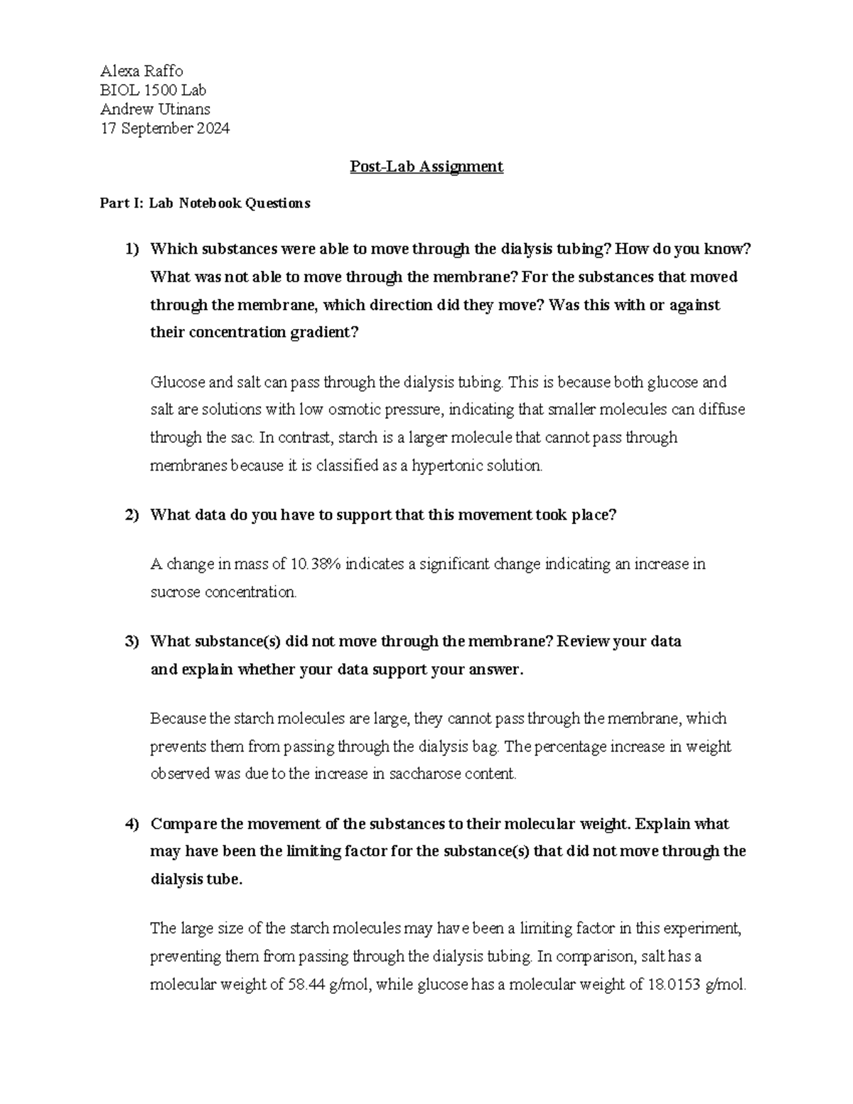 Homework Lab 4 - Alexa Raffo - Alexa Raffo BIOL 1500 Lab Andrew Utinans ...