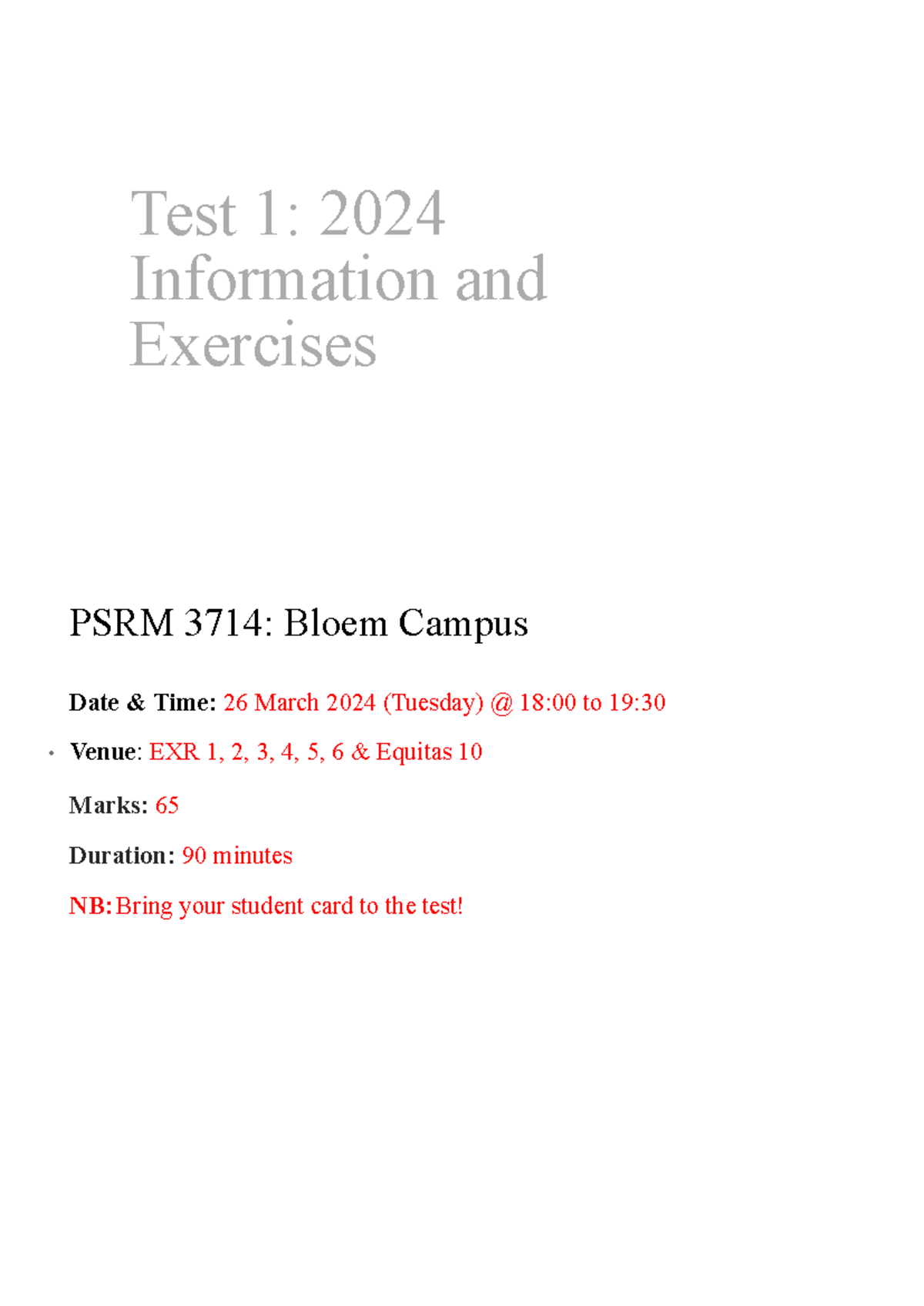 PSRM3714 Semester Test 1 - Test 1: 2024 Information and Exercises PSRM ...