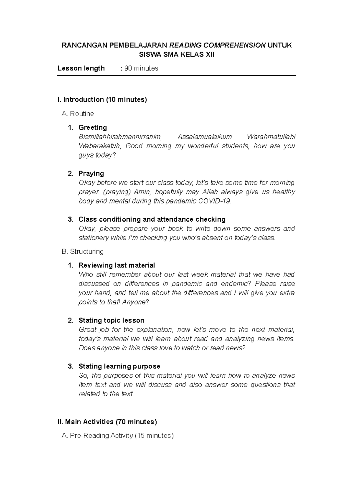 Learning Plan Reading Comprehension Example 2 - RANCANGAN PEMBELAJARAN ...