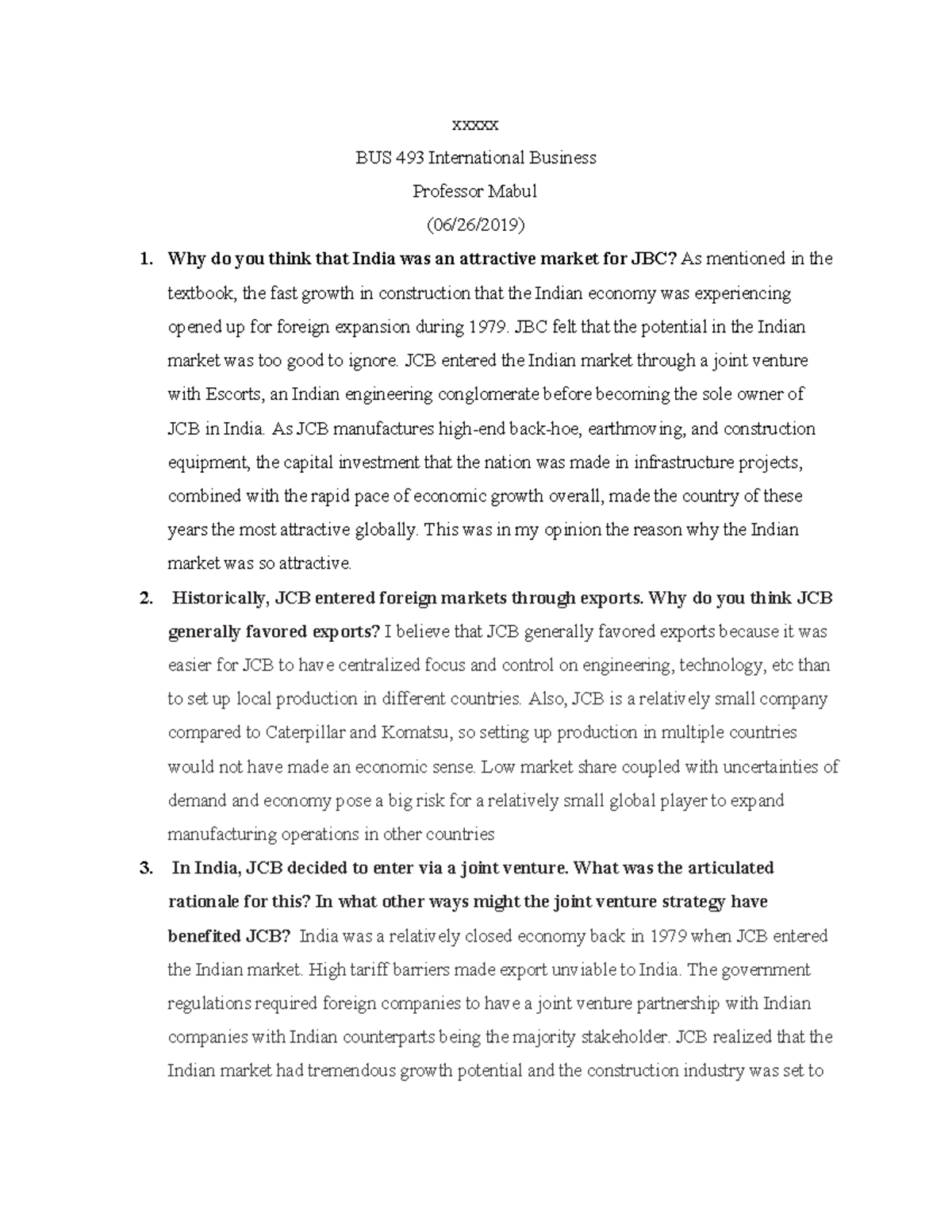Case study #7 JCB in India (Hill & Hult, pages 392-93) - xxxxx BUS 493 ...