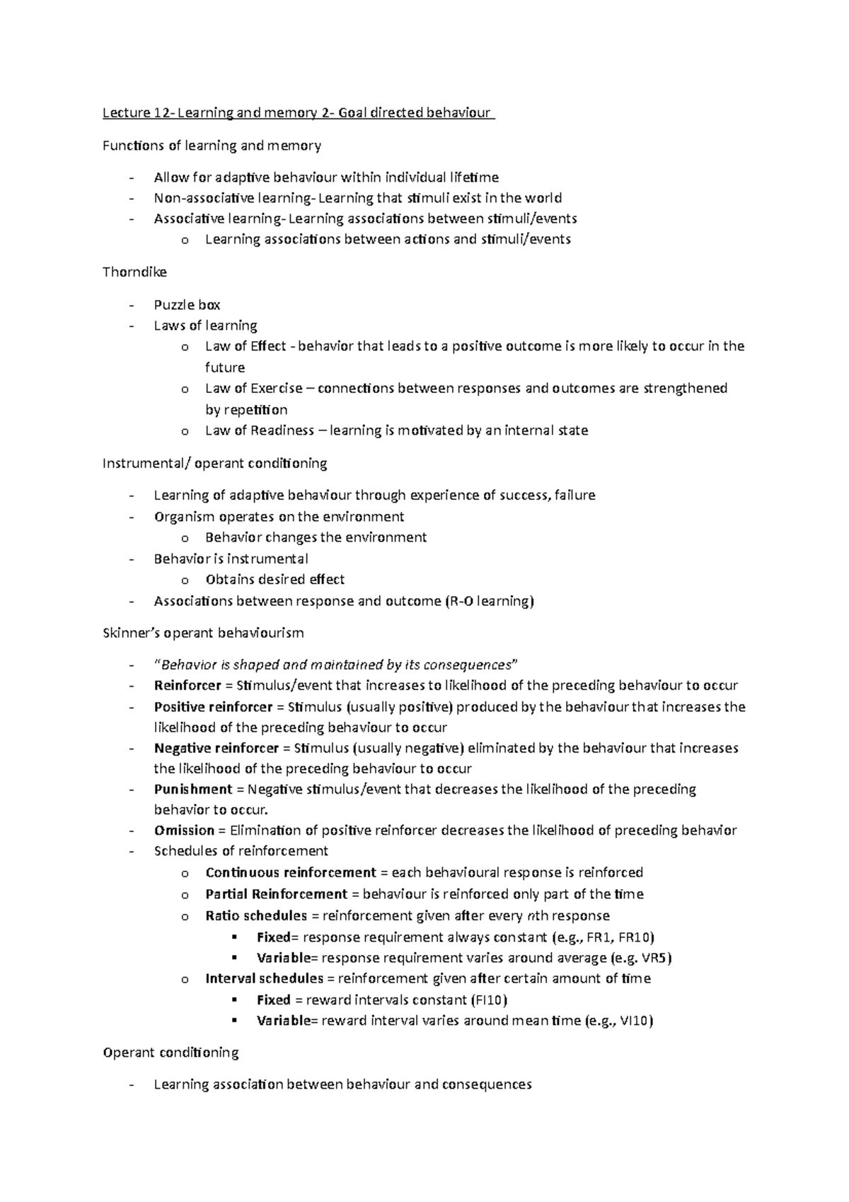 Lecture 12- Learning and memory 2- Goal directed behaviour - Omission = Elimination of positive ...