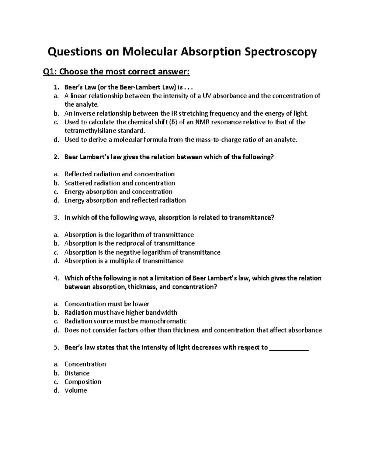 Questions on Molecular Absorption - Beer’s Law (or the Beer-Lambert Law ...