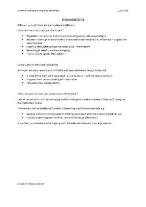 Biological psychology - Lecture 1 - Introduction - Understanding Learner Behaviour Biological ...