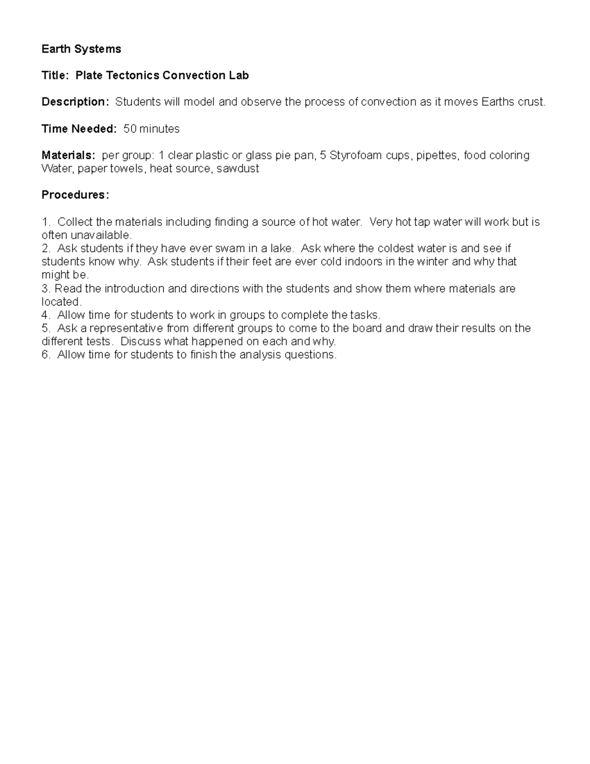 Copy of Convection lab.doc - Google Docs - Earth Systems Title: Plate ...