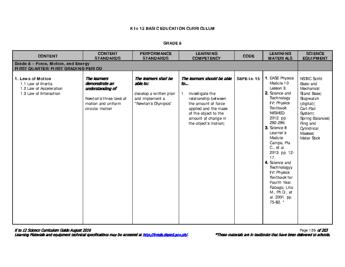 Pdfcoffee GRADE 8 SCIENCE - GRADE 8 CONTENT CONTENT STANDARDS ...