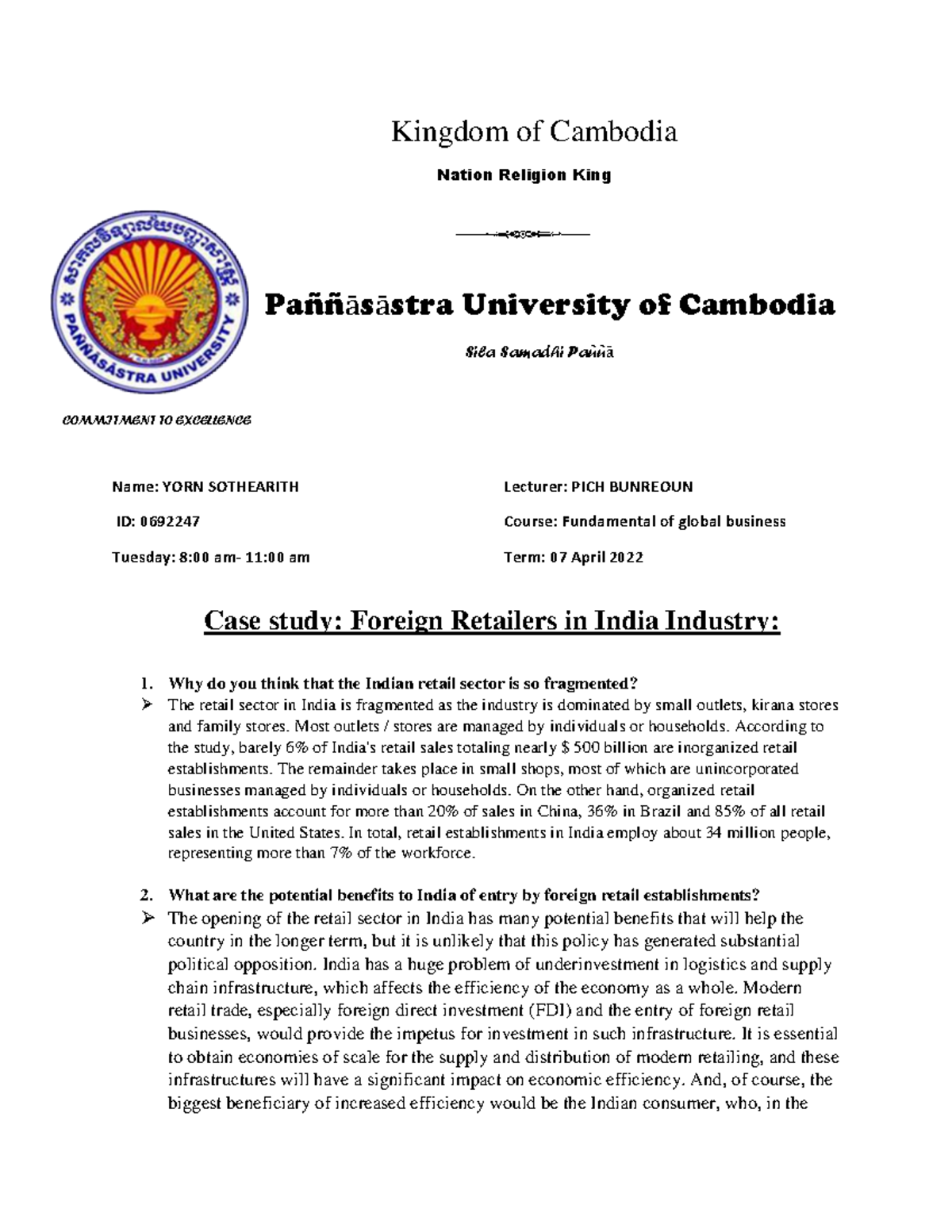 Written Assignment Chpater 8 - 3 Kingdom of Cambodia Nation Religion ...