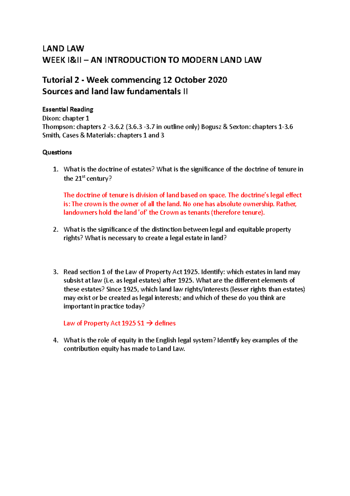 Land Law Tutorials - LAND LAW WEEK I&II – AN INTRODUCTION TO MODERN ...