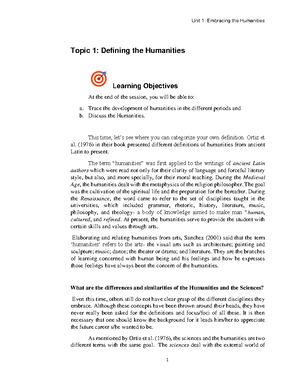 Topic 1 - Defining humanities - Unit 1: Embracing the Humanities 1 ...