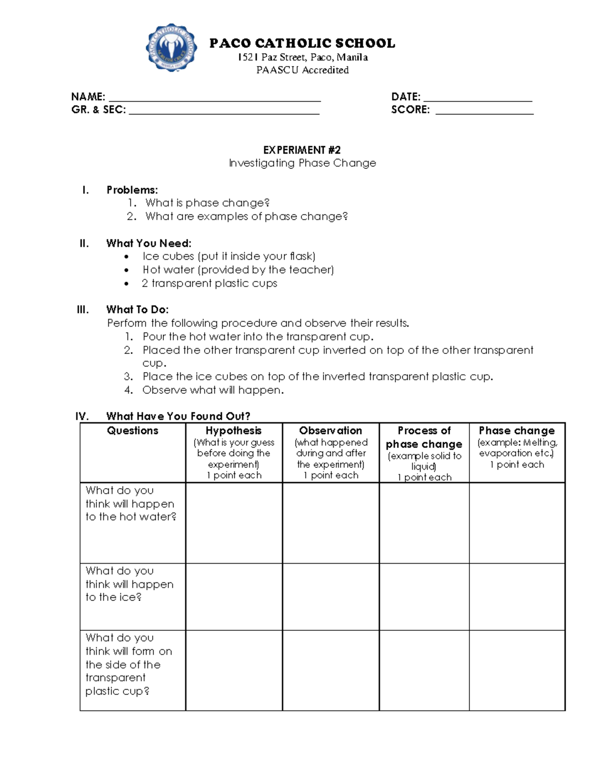 Grade 3 Experiment 2 - PACO CATHOLIC SCHOOL 1521 Paz Street, Paco ...