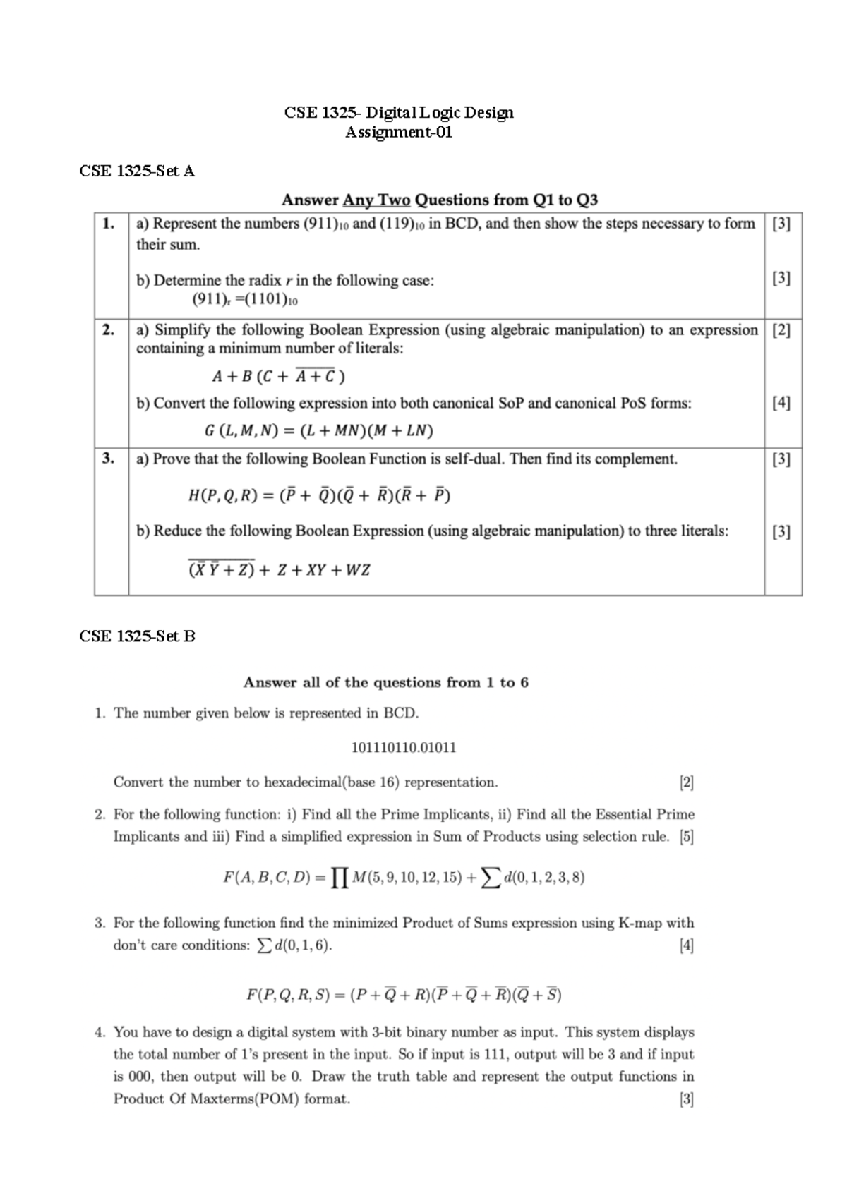 Cse 1325 Assignment 1 Digital Logic Design Cse 1325 Digital Logic Design Assignment Cse
