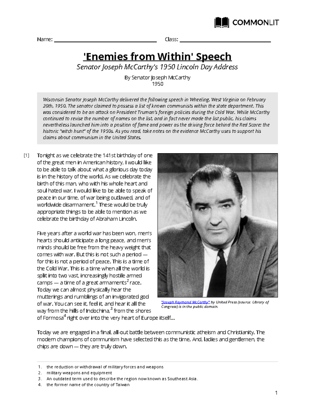 commonlit enemies-from-within-speech student - Name: Class: "Joseph ...