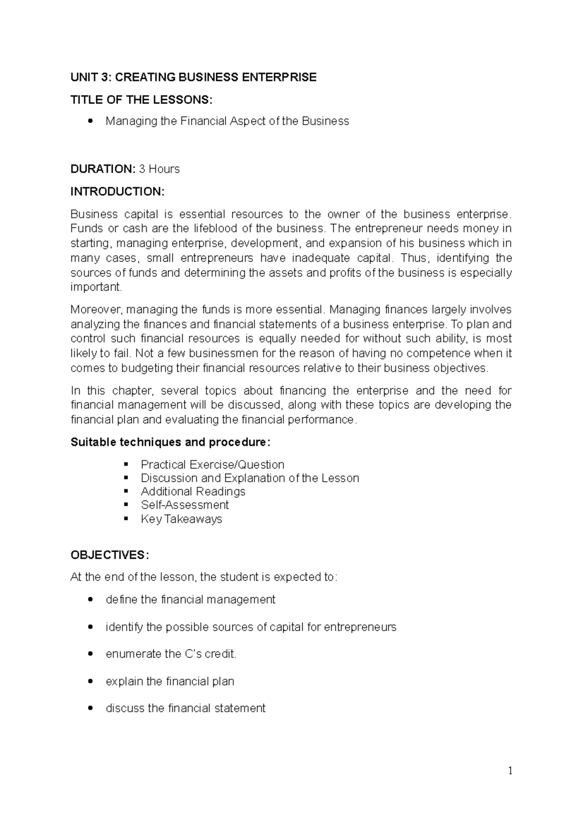 UNIT-3 - lecture - UNIT 3: CREATING BUSINESS ENTERPRISE TITLE OF THE LESSONS: Managing the - Studocu