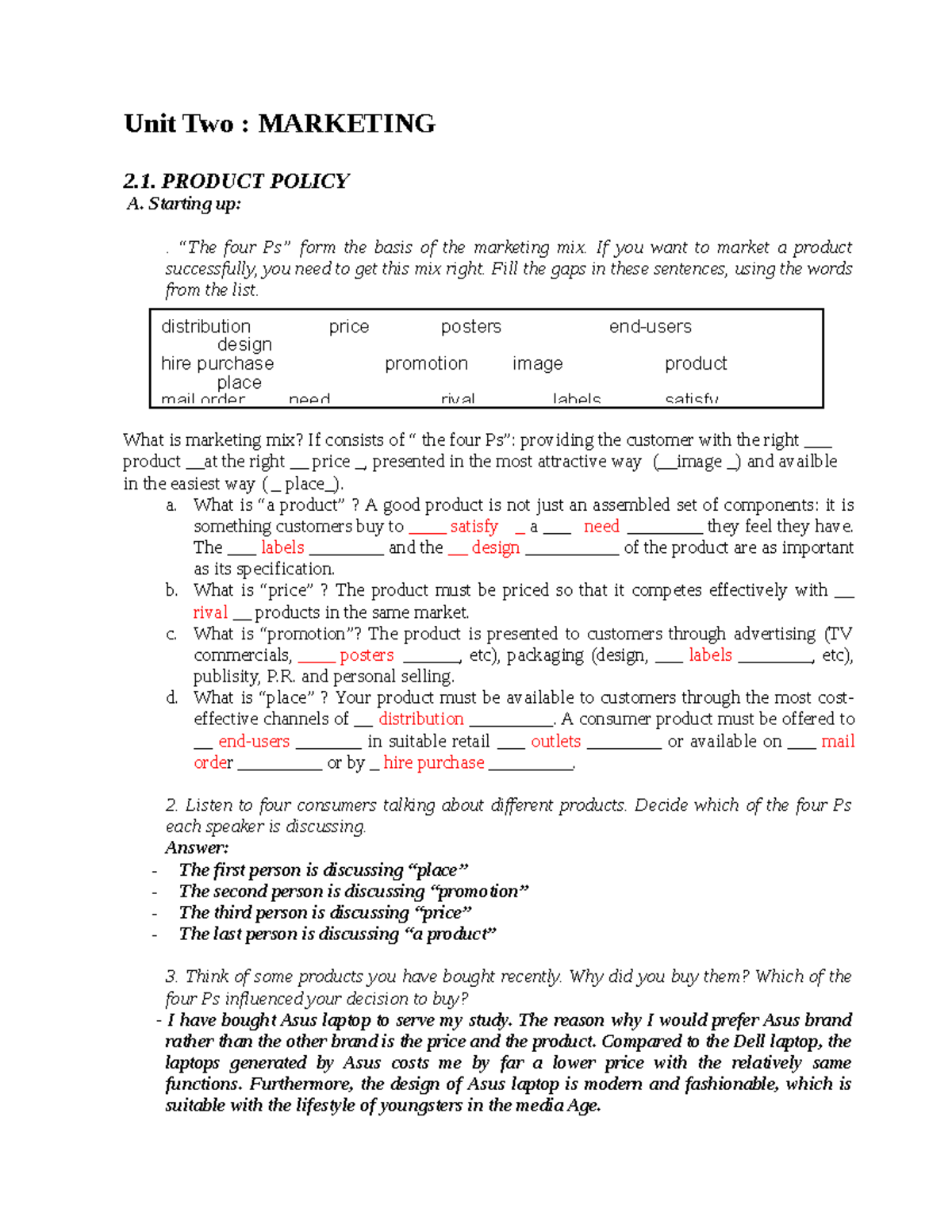 Unit 2- Marketing - Good luck - Unit Two : MARKETING 2. PRODUCT POLICY ...