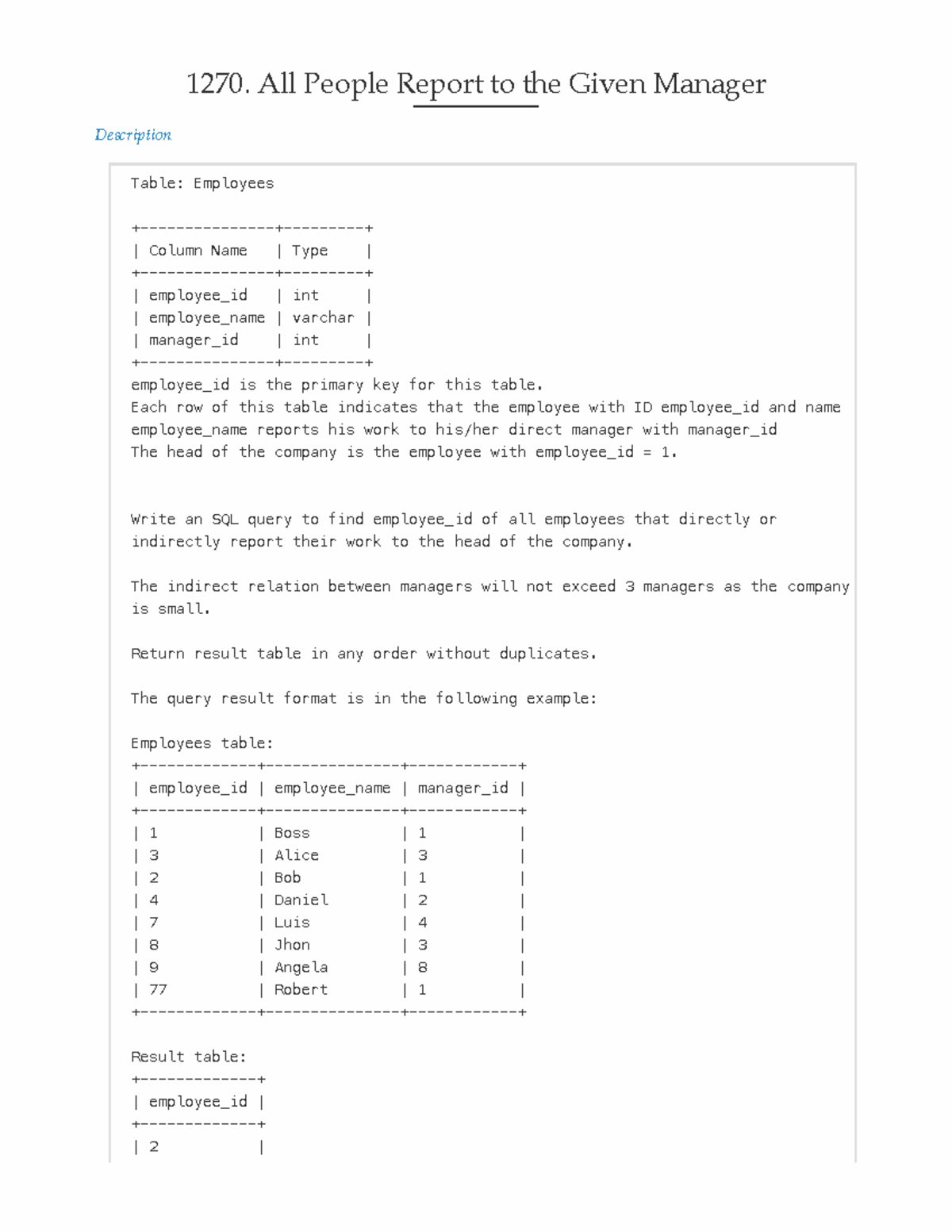 Tpsql 8 - training for sql 8 - 1270. All People Report to the Given Manager Description Table ...
