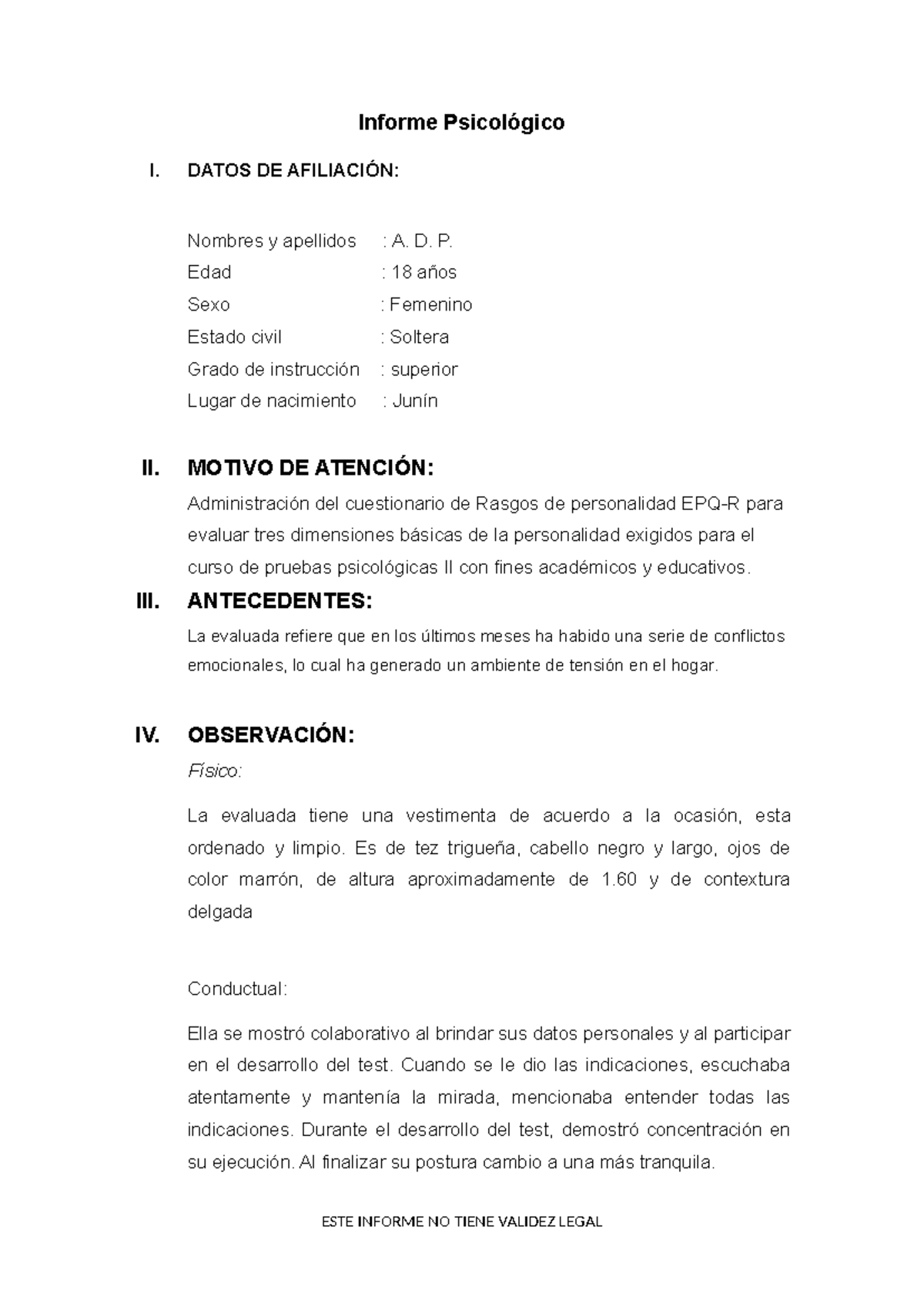 Test de la peronalidad EPQ-R - Informe Psicológico I. DATOS DE ...
