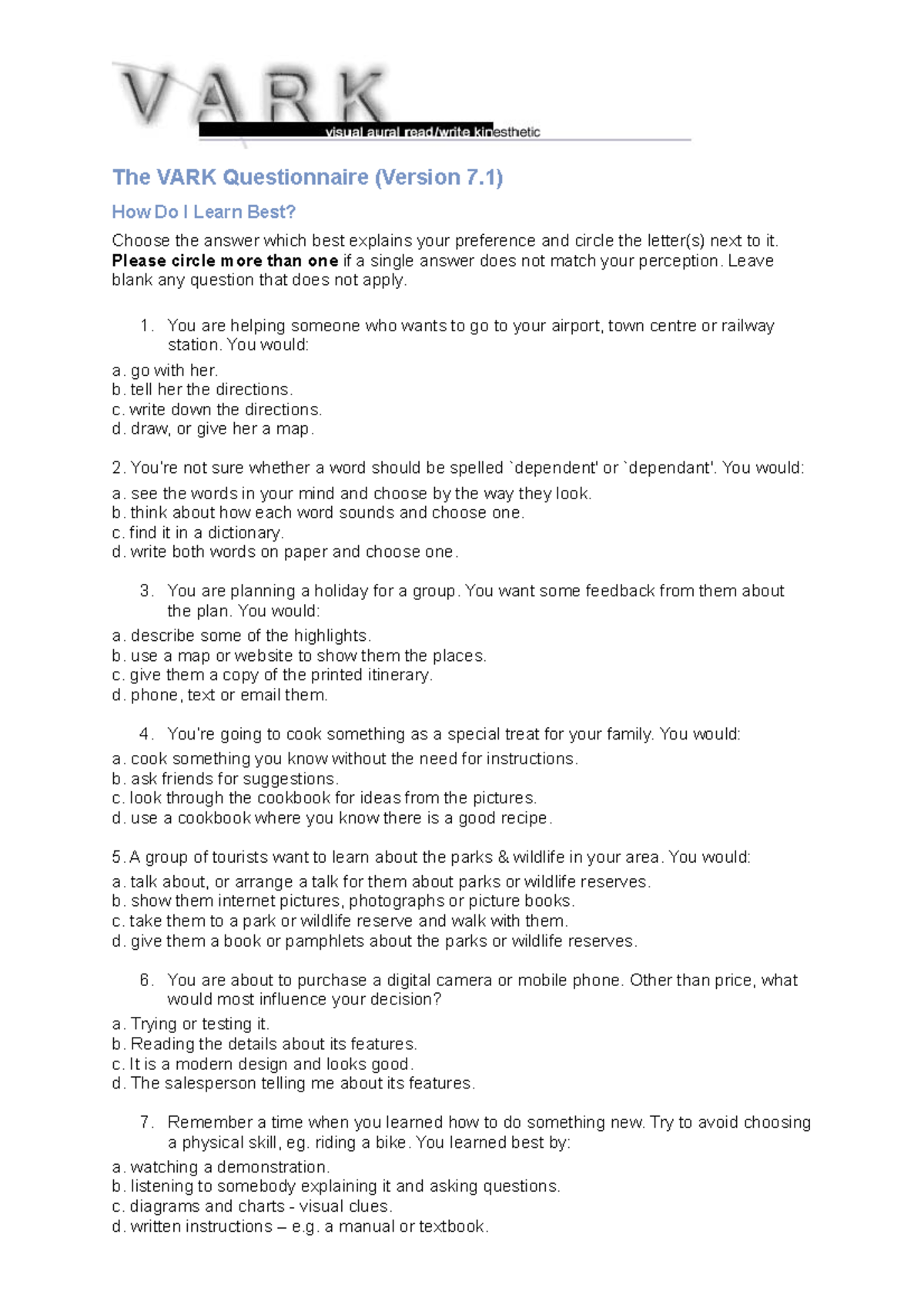 C39878 bc7db687fc679a5aa3c5cd2e72vark handout - The VARK Questionnaire ...