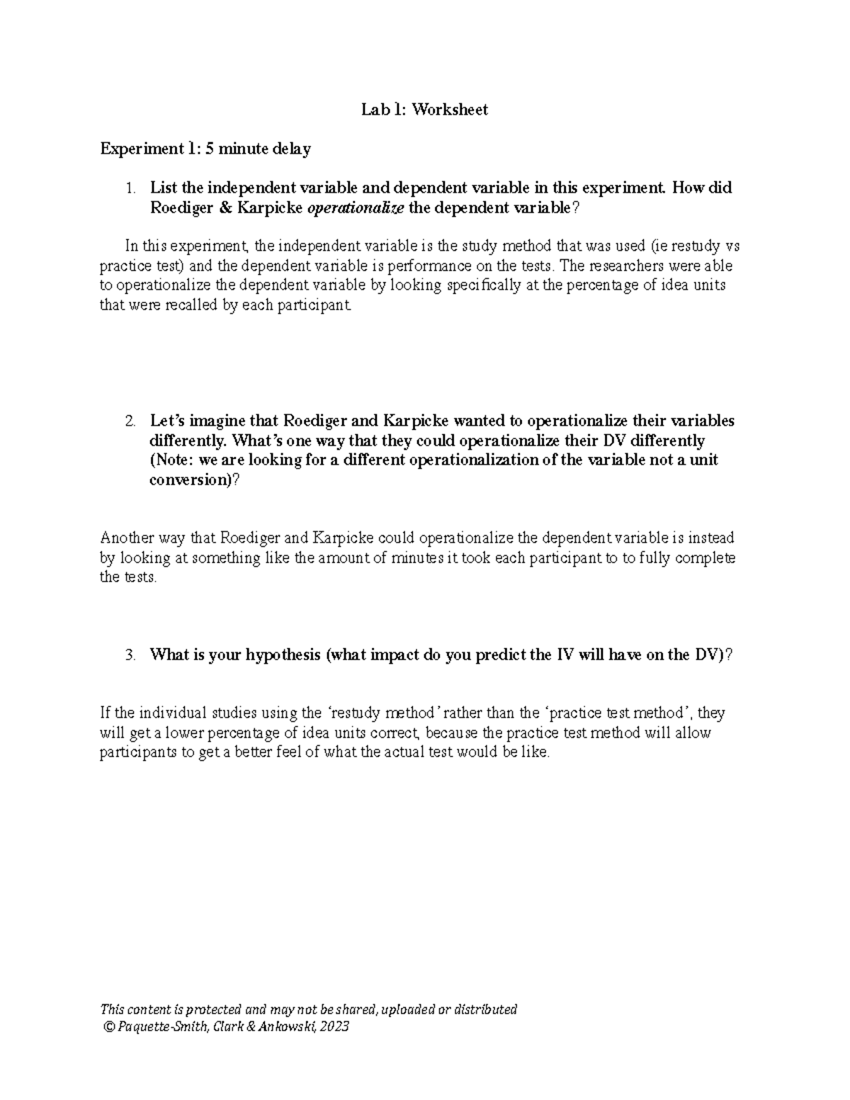 Lab 1 Worksheet - Lab 1: Worksheet Experiment 1: 5 minute delay List ...