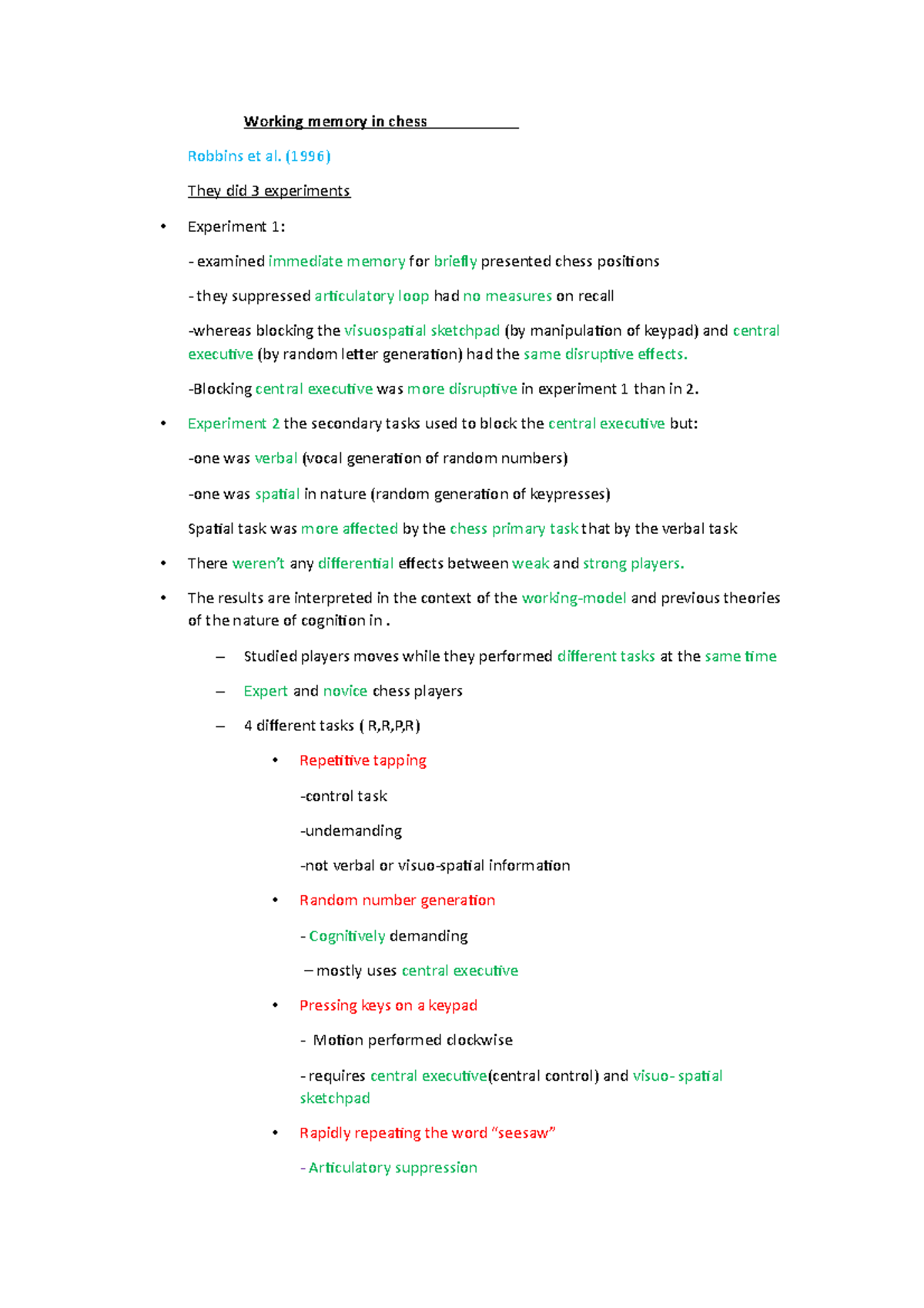 Memory part 4 - semester b - Working memory in chess Robbins et al. (1996) They did 3 ...